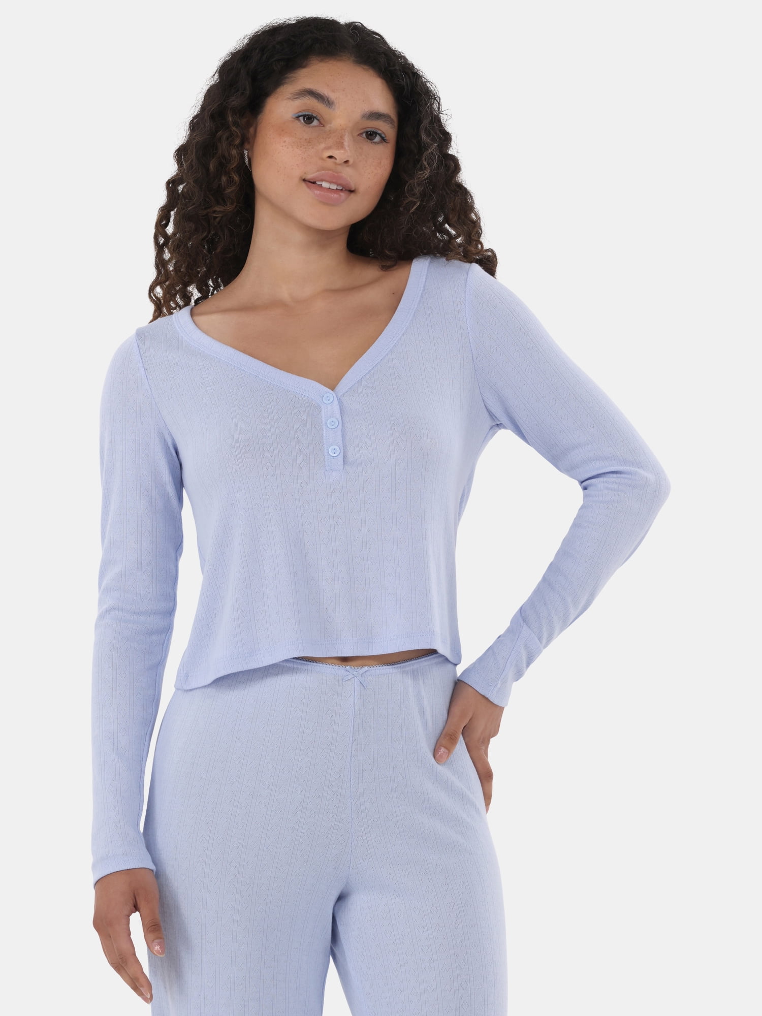 No Boundaries Pointelle Henley Sleep Top, Women’s - Walmart.com
