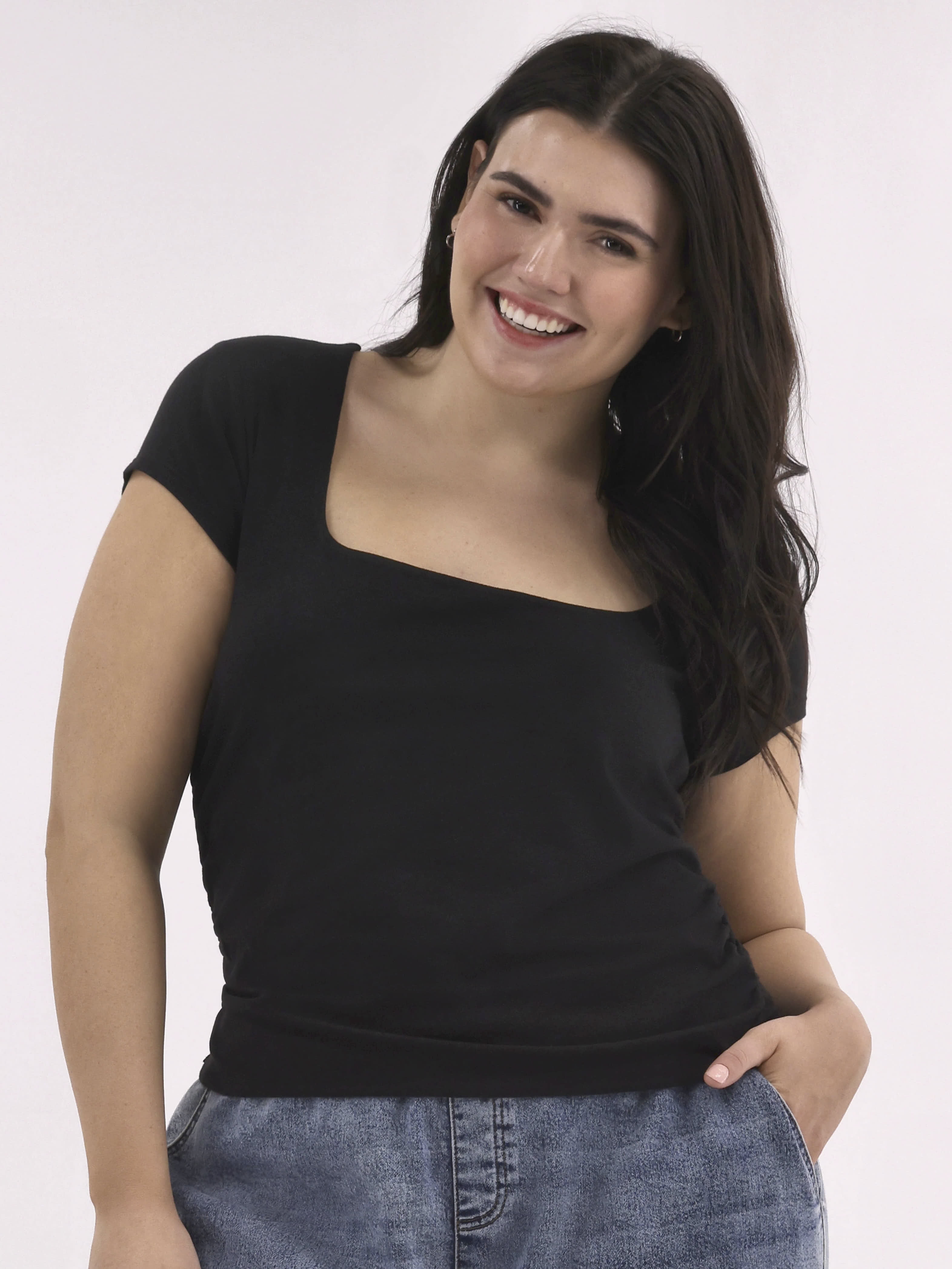 No Boundaries Portrait Neck Top with Cap Sleeves, Women's Plus ...