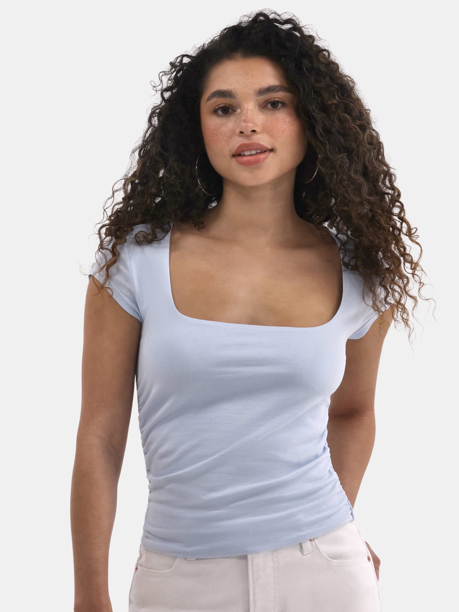 No Boundaries Portrait Neck Top with Cap Sleeves, Women's - Walmart.com