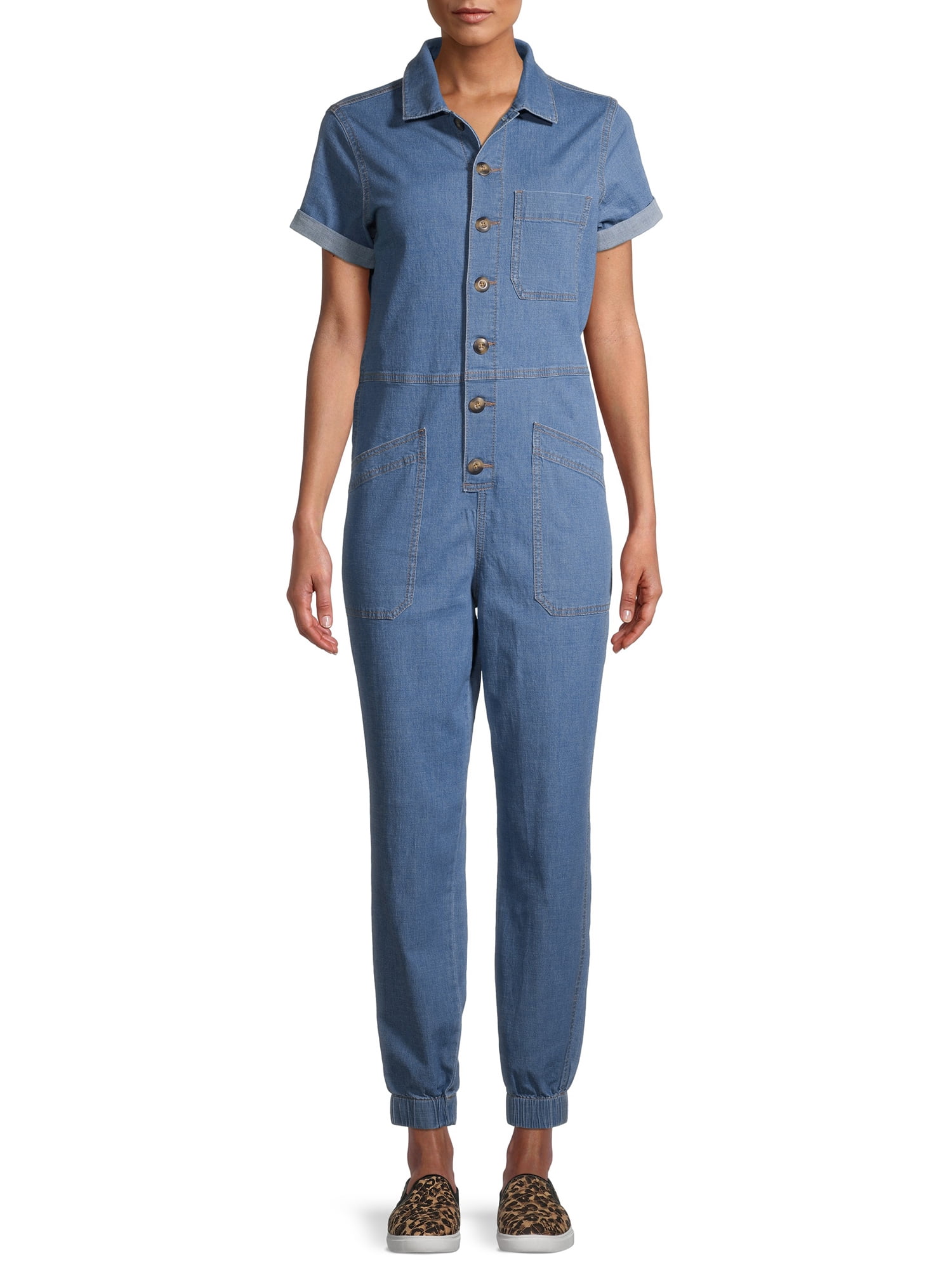 No Boundaries Juniors' Boilersuit Jumpsuit, Regular Fit, Short Sleeve ...