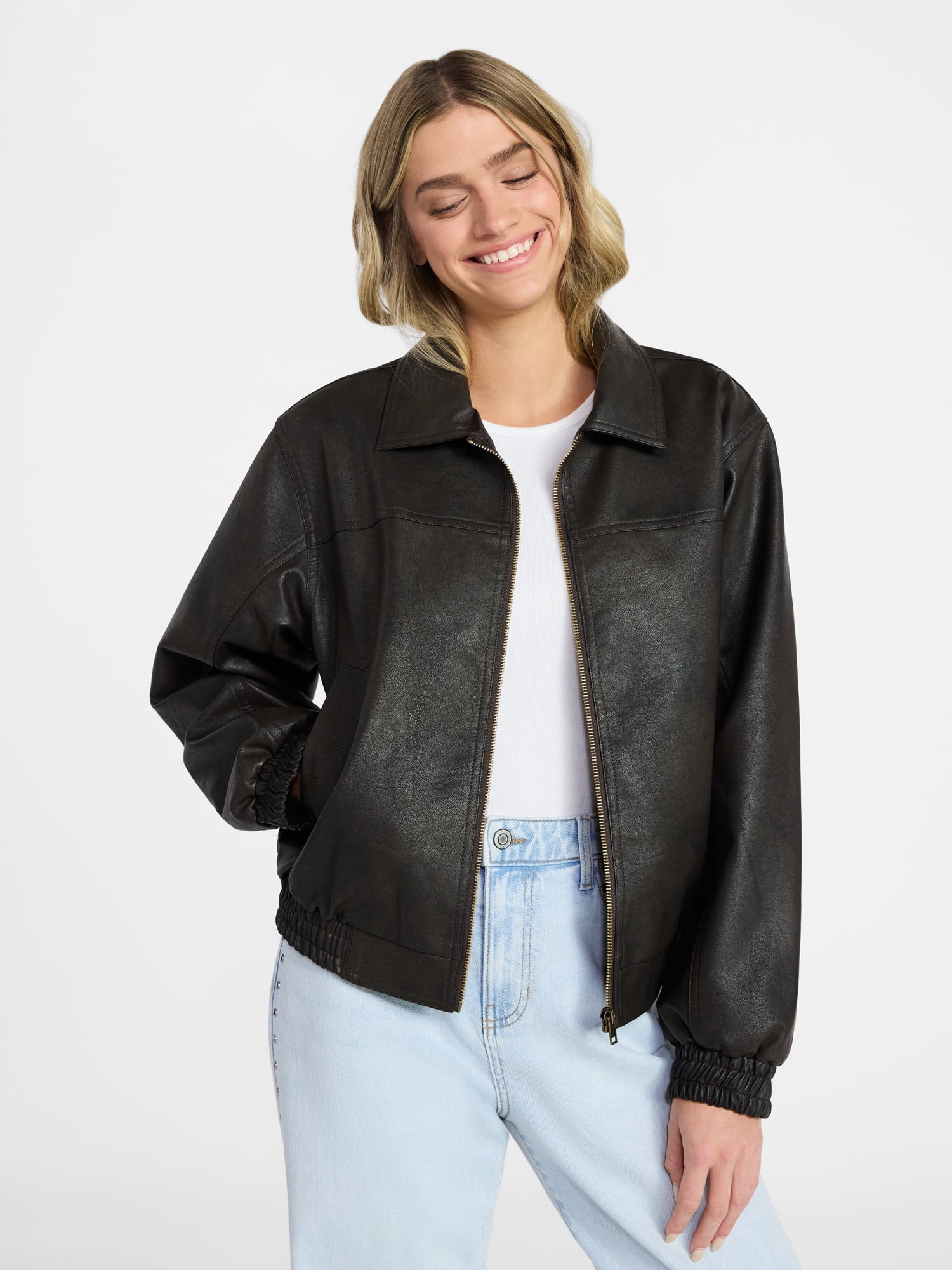 No Boundaries Relaxed Fit Faux Leather Jacket, Women's XXS-XXL ...