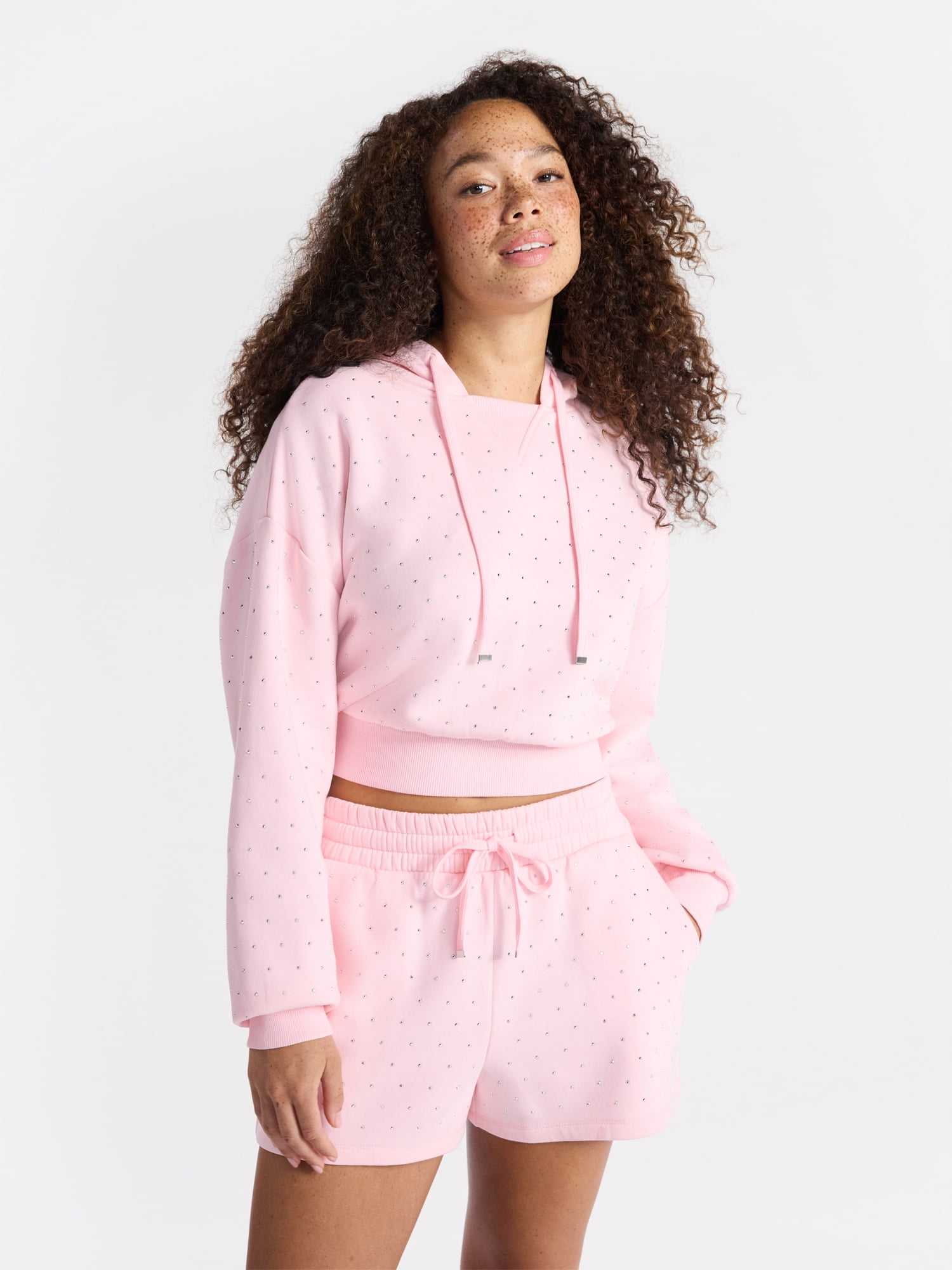 No Boundaries Faux Rhinestone Cropped Hoodie and Shorts Set, 2-Piece ...