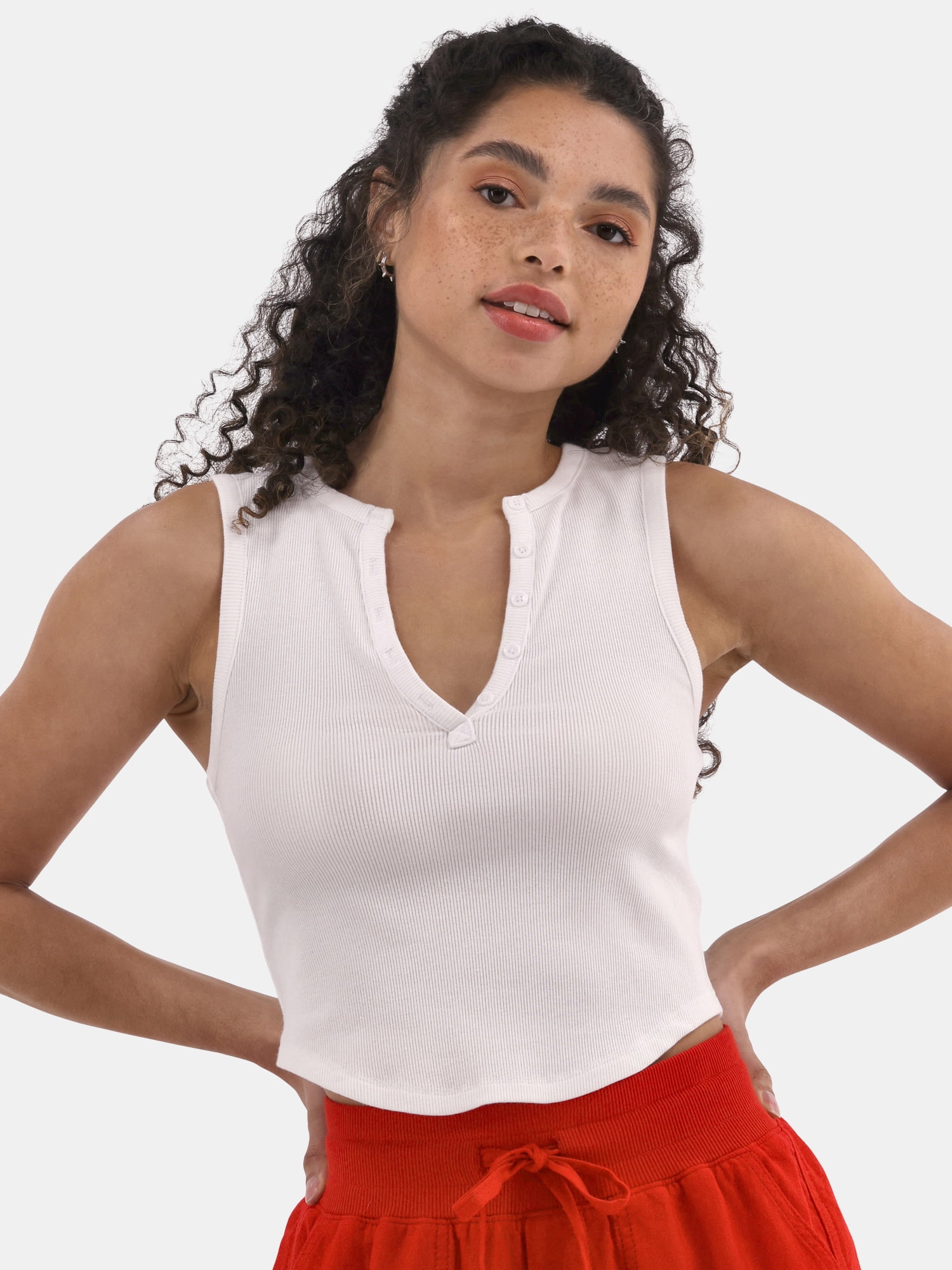 No Boundaries Rib Henley Tank for Women, Cropped V-Neck Sleeveless ...