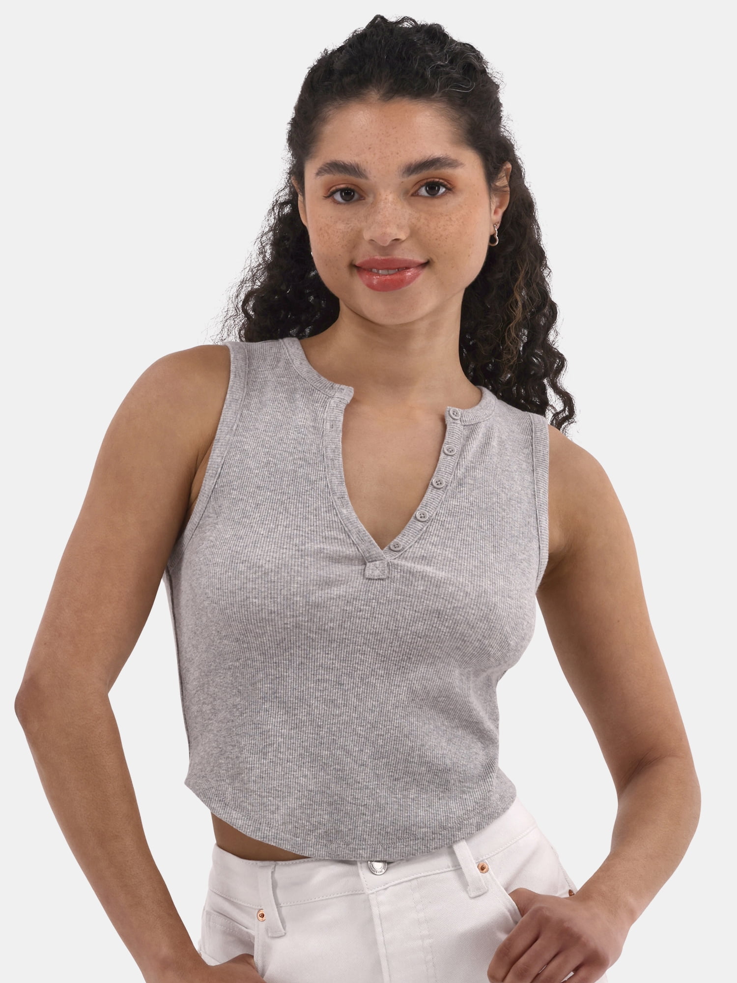 No Boundaries Rib Henley Tank for Women, Cropped, V-Neck, Sleeveless ...