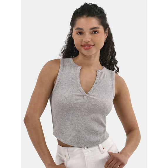 No Boundaries Rib Henley Tank for Women, Cropped, V-Neck, Sleeveless ...