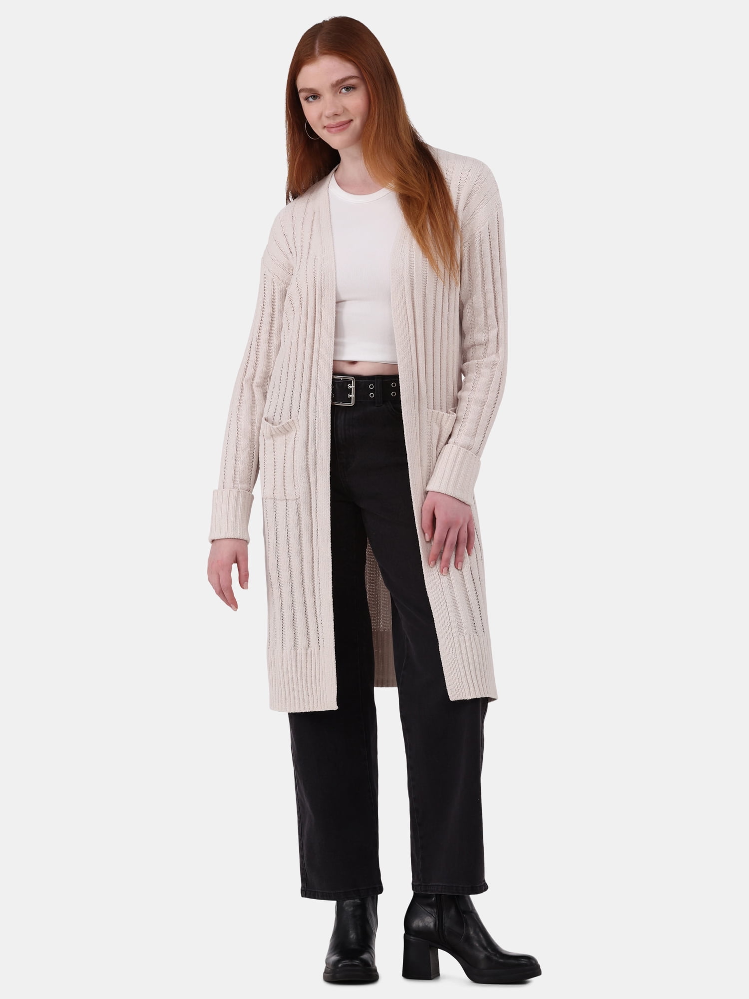 No Boundaries Women's Ribbed Duster Cardigan Sweater, Midweight, Plus ...