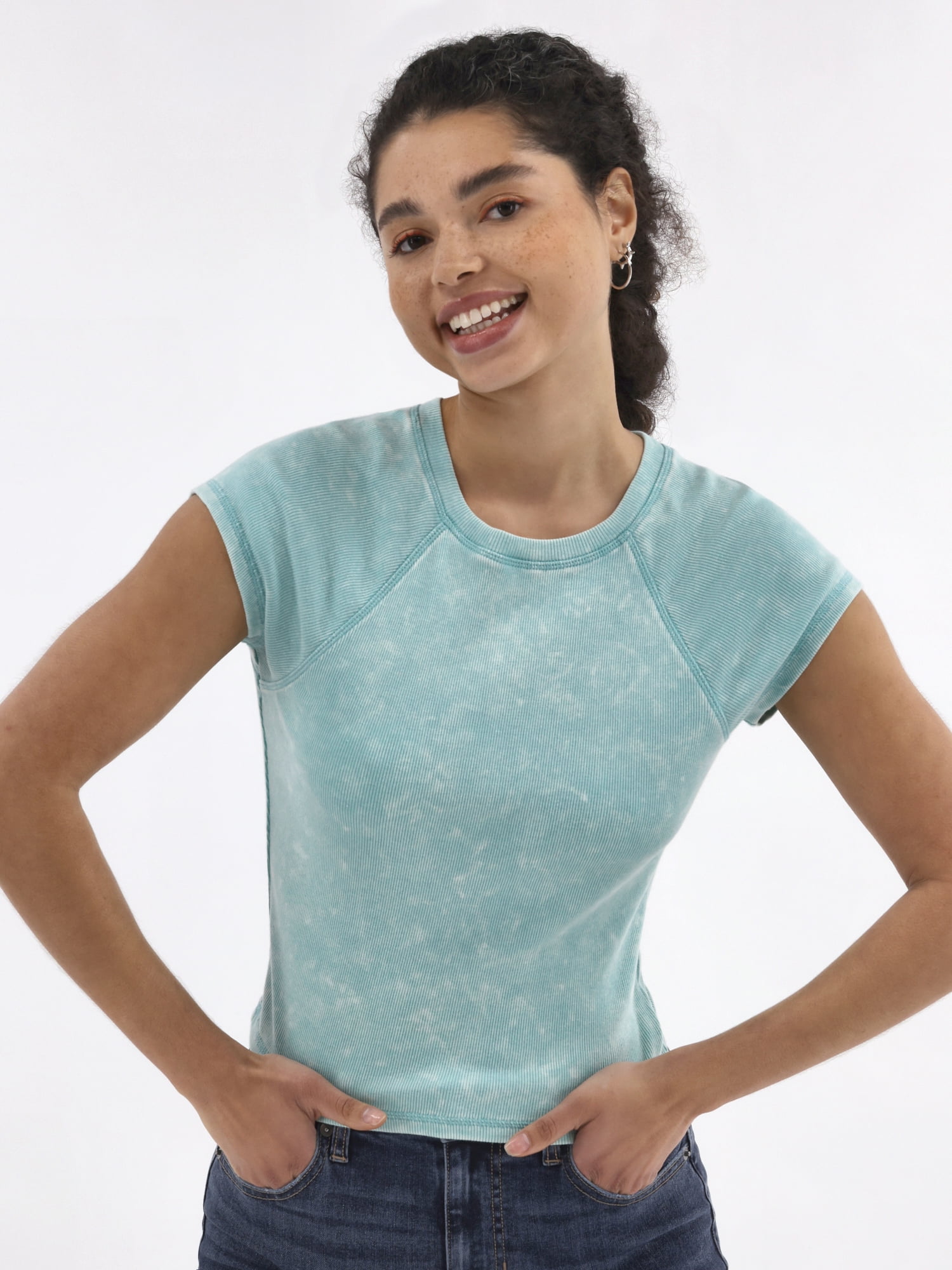 No Boundaries Ribbed Garment Wash Tee with Short Sleeves, Women's ...
