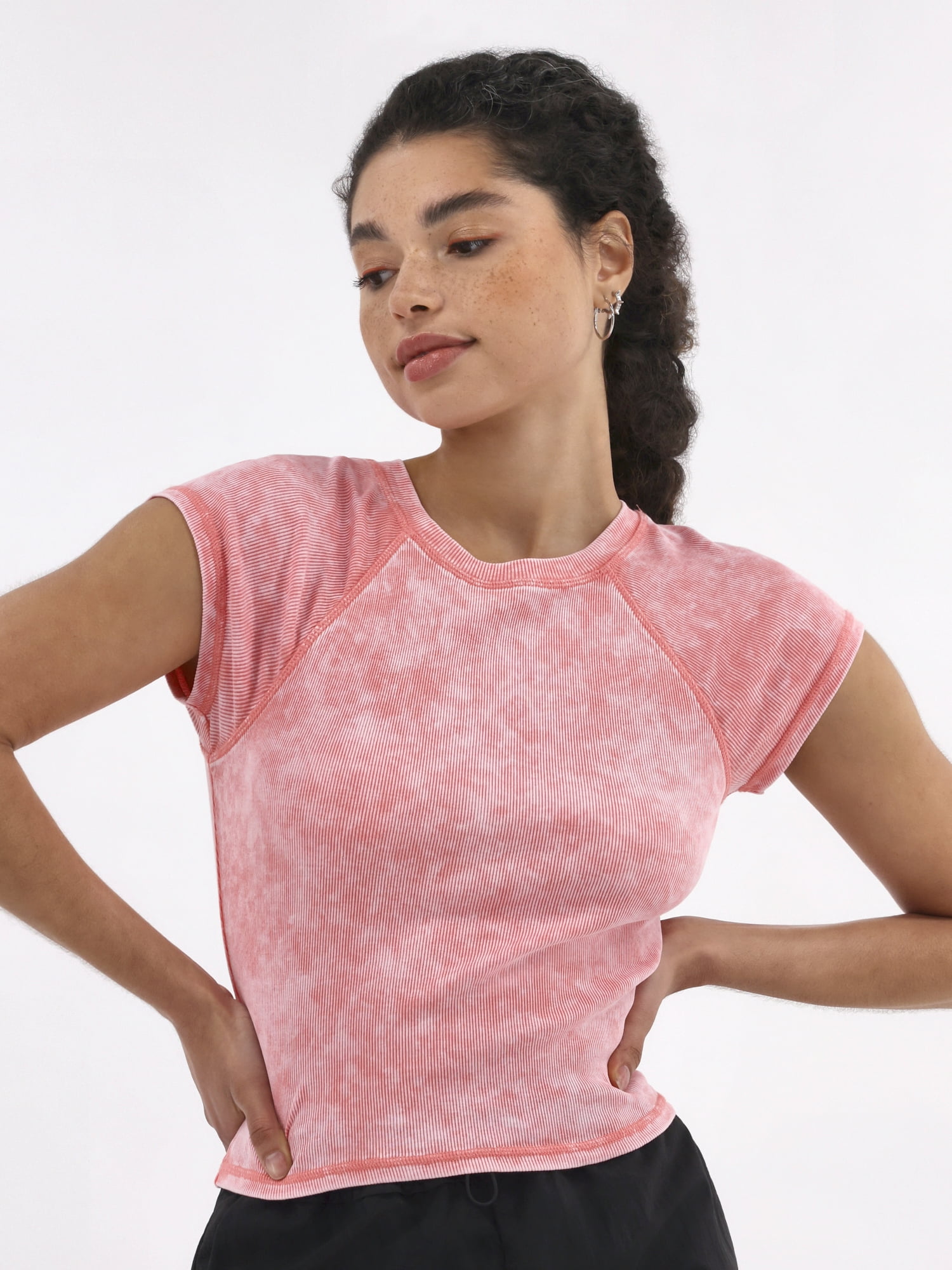 No Boundaries Ribbed Garment Wash Tee with Short Sleeves, Women's ...