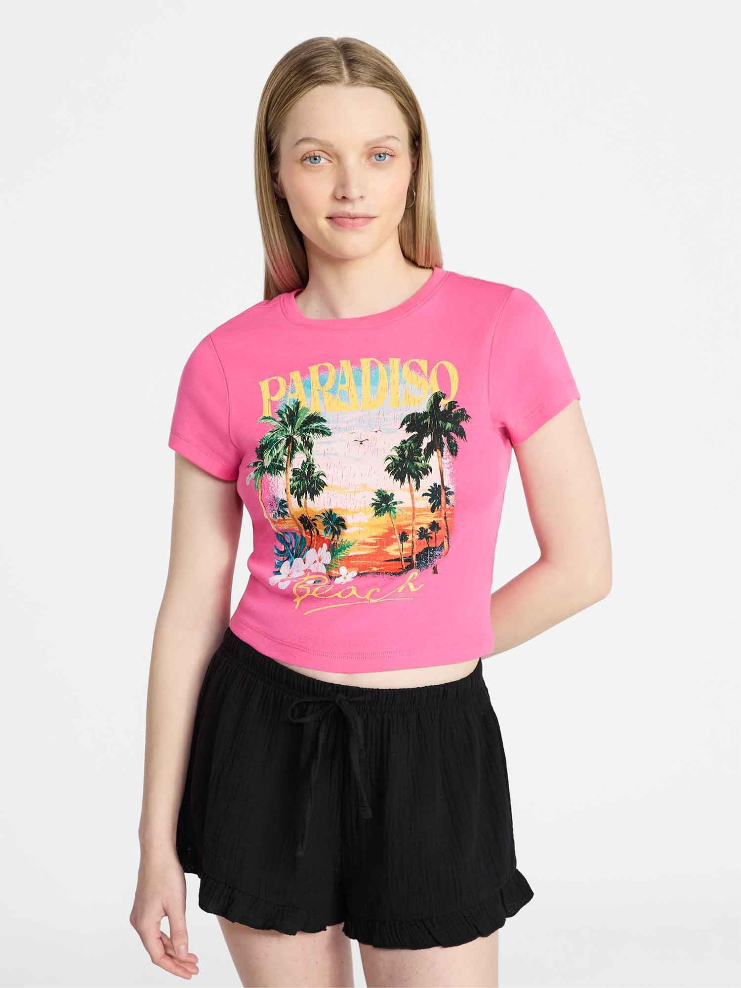 No Boundaries Ribbed Cotton Graphic Baby Tee with Short Sleeves, Women ...