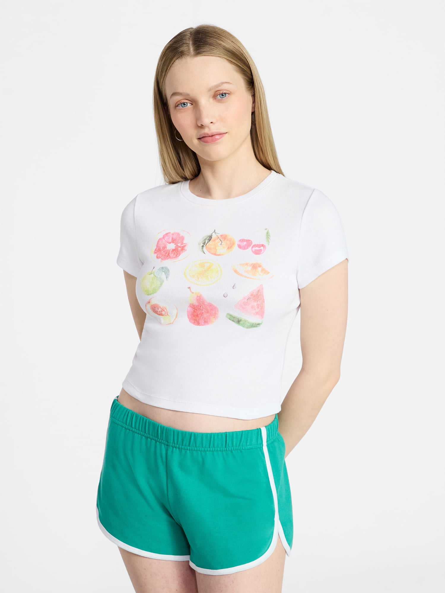 No Boundaries Ribbed Cotton Graphic Baby Tee with Short Sleeves, Women ...