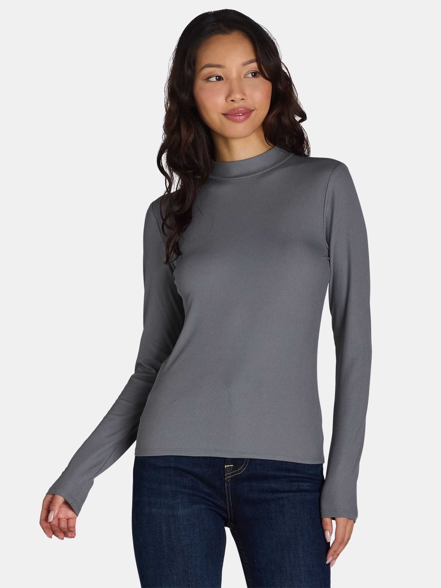 No Boundaries Mock Neck Top - Long Sleeve Slim Fit Tee - Walmart.com