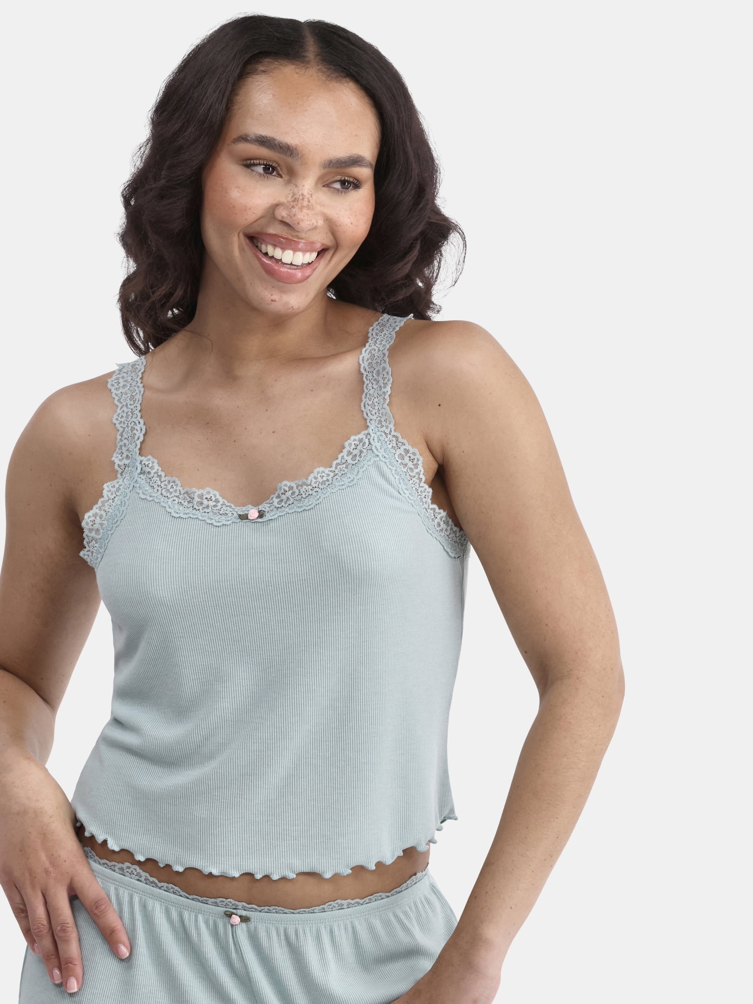 No Boundaries Ribbed Sleep Cami with Lace Trim, Women's - Walmart.com