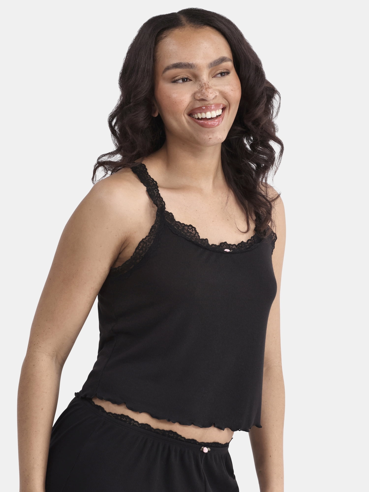 No Boundaries Ribbed Sleep Cami with Lace Trim, Women's - Walmart.com