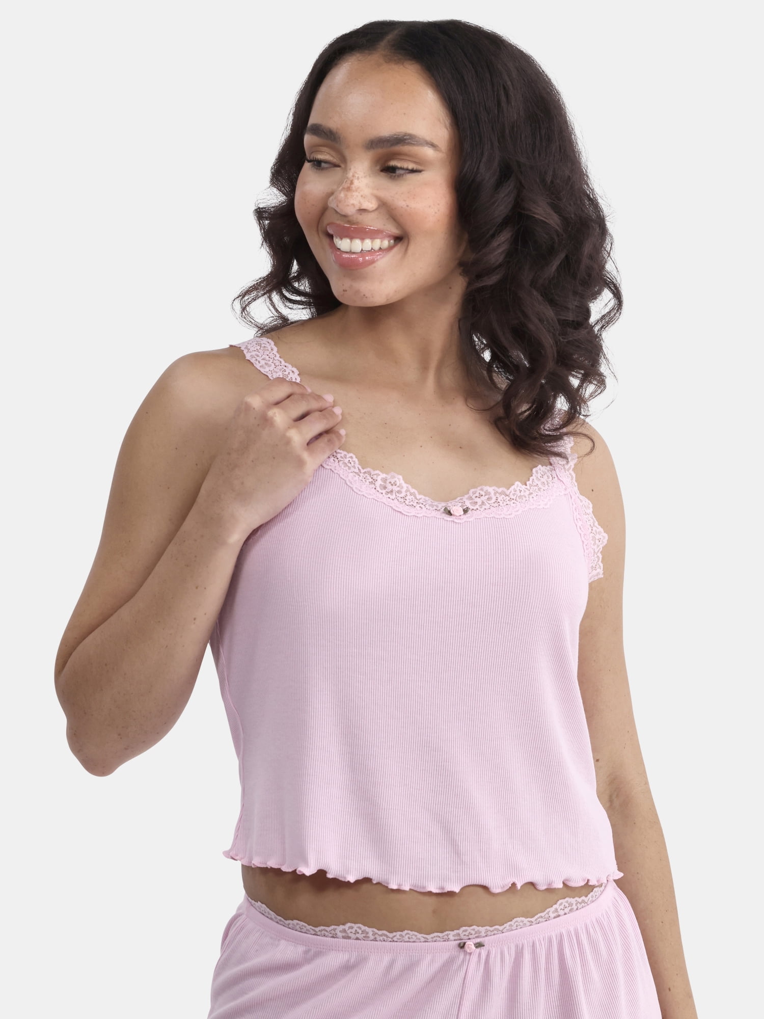 No Boundaries Ribbed Sleep Cami with Lace Trim, Women's - Walmart.com