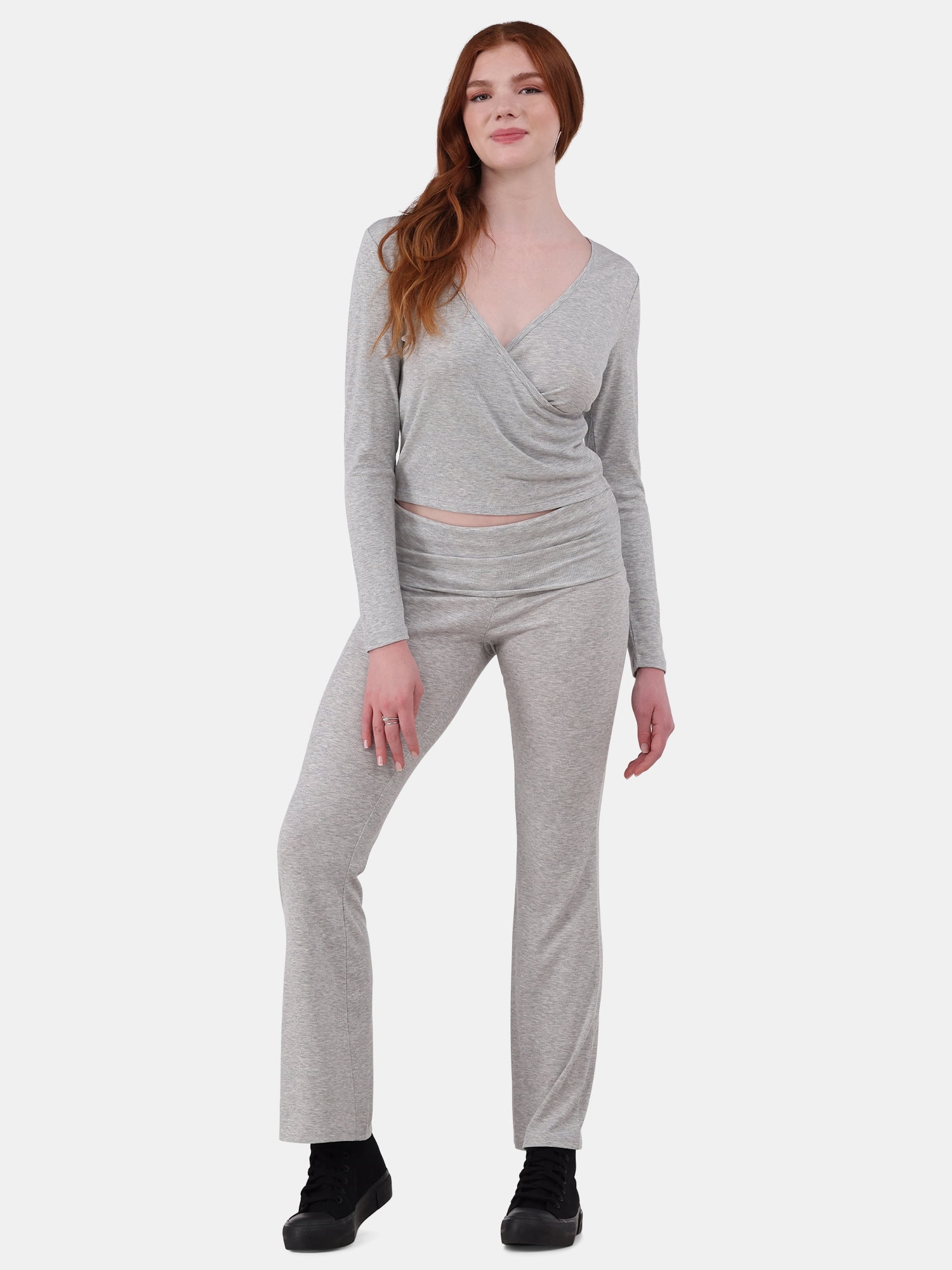No Boundaries Ribbed Pajama Set for Women Plus, Surplice Top & Flare ...