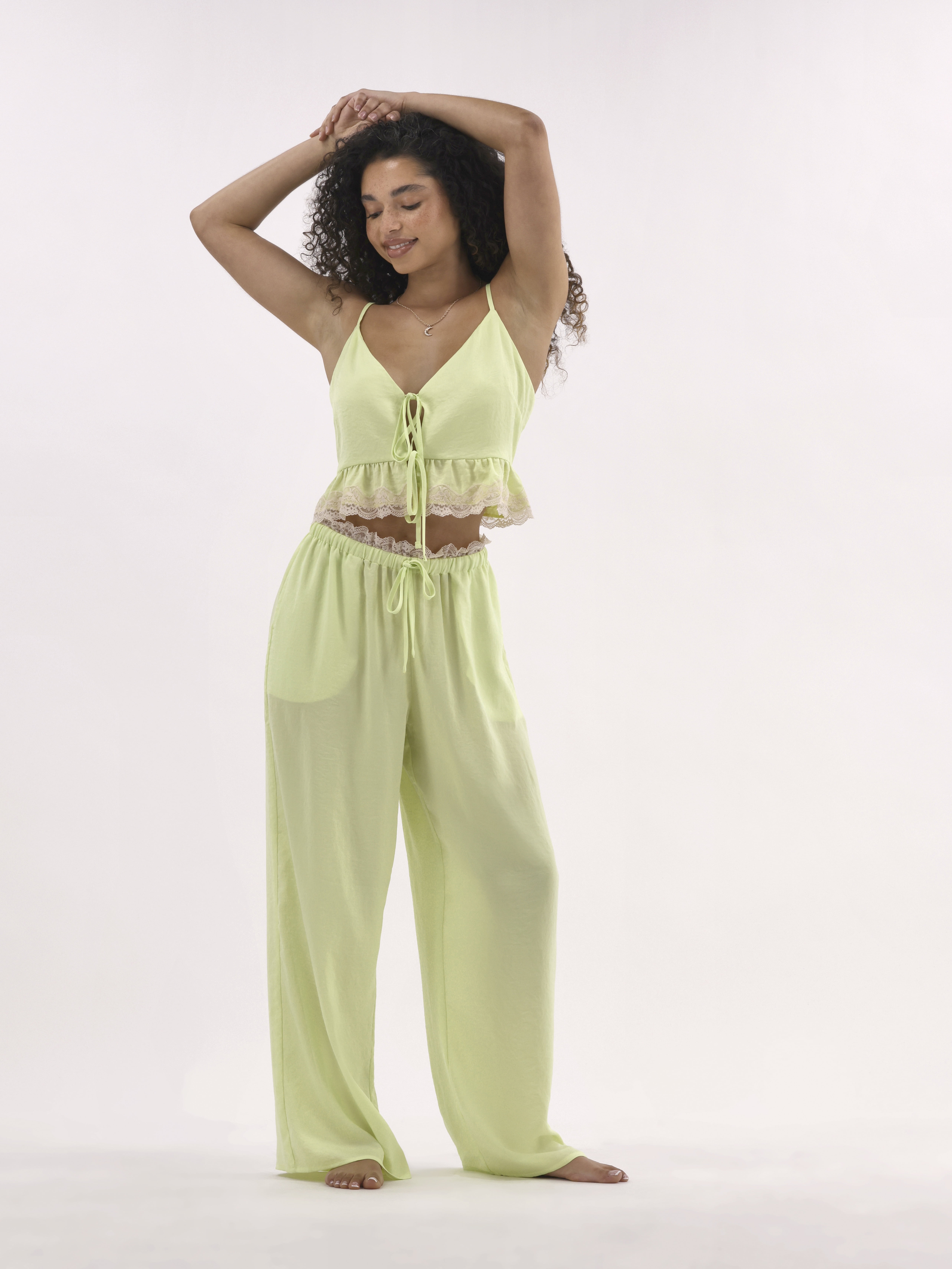 No Boundaries Satin Sleep Pants with Scallop Lace Trim, 30.75'' Inseam ...