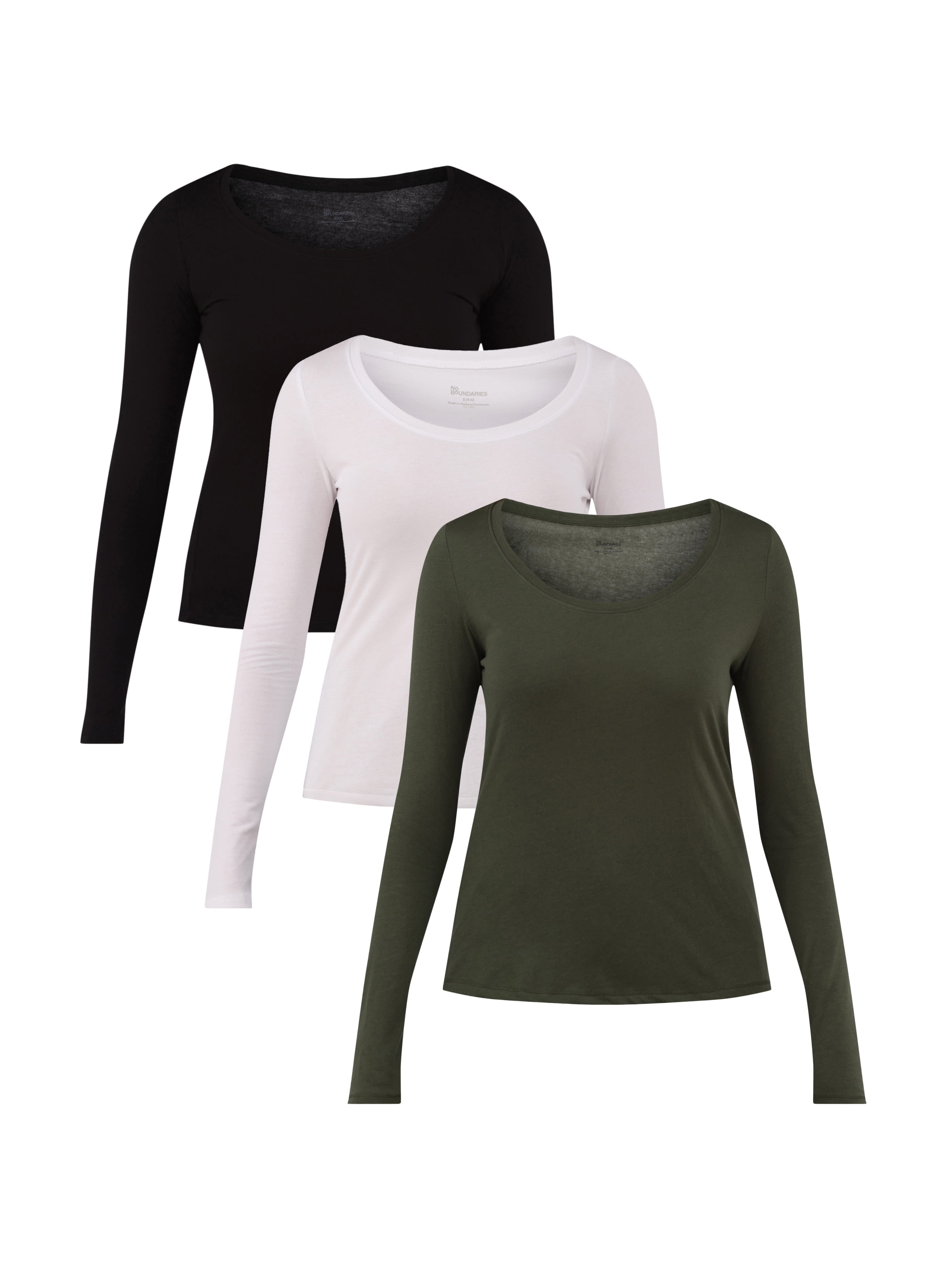 No Boundaries Scoop Neck Everyday Tee with Long Sleeves, 1 and 3 Pack ...