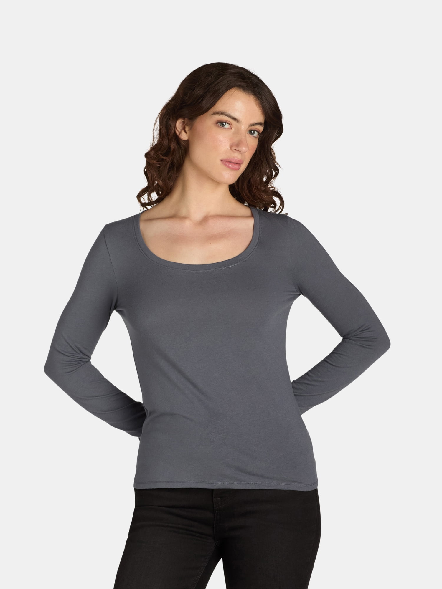 No Boundaries Scoop Neck Long Sleeve Tee - Soft Cotton Blend - Walmart.com