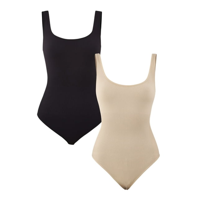 No Boundaries Seamless Ribbed Square Neck Bodysuit 2-Pack, XS-3XL ...