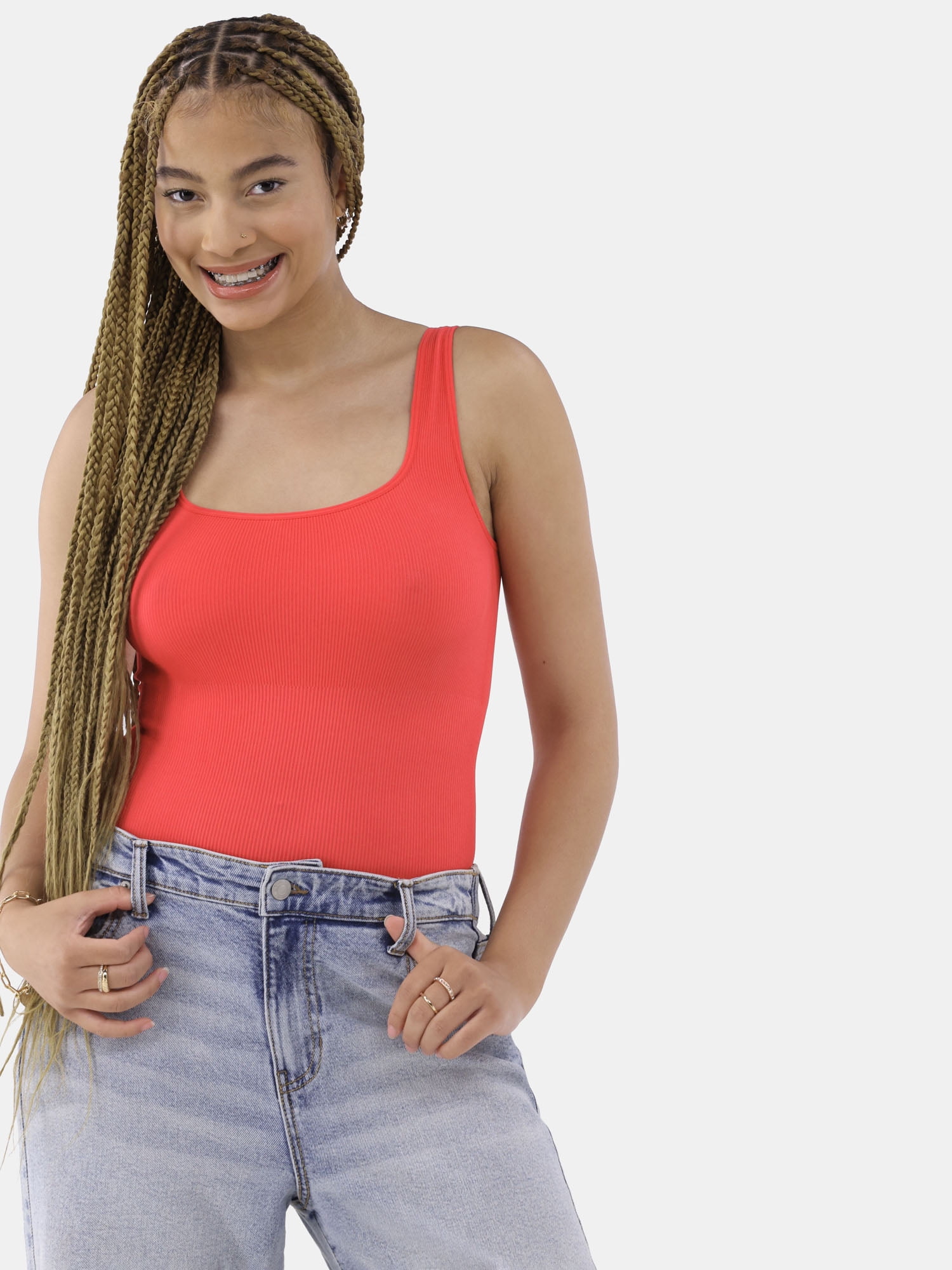 No Boundaries Women's Seamless Smoothing Rib Square Neck Bodysuit ...