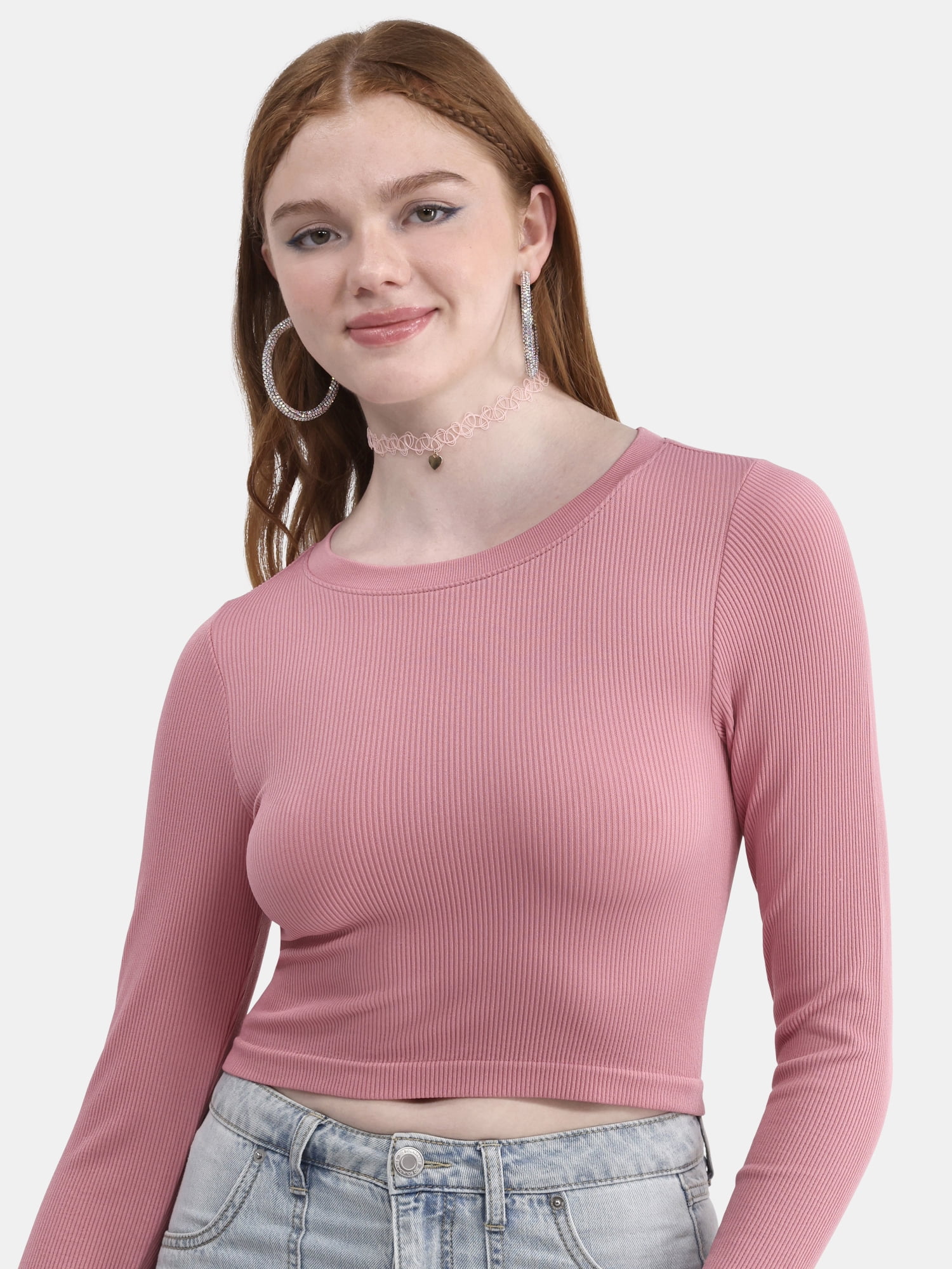 No Boundaries Seamless Ribbed Tee with Long Sleeves, Women's - Walmart.com