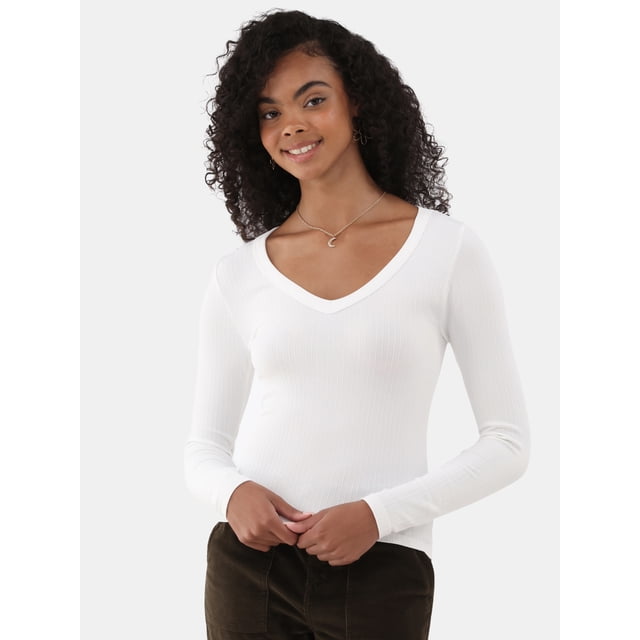 No Boundaries Seamless V-Neck Top with Long Sleeves, Women's - Walmart.com