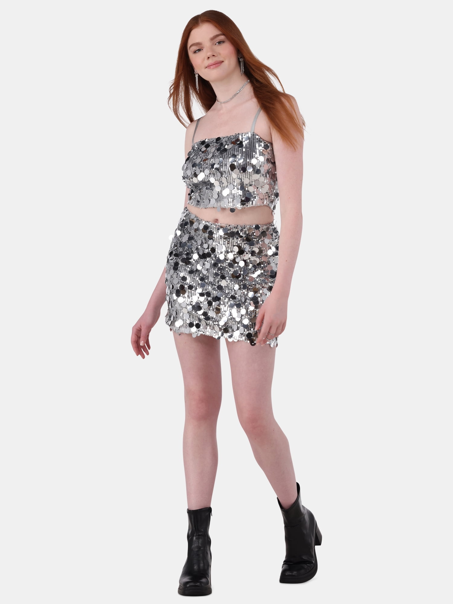 No Boundaries Sequin Cami Top and Mini Skirt Set, Women's and Women’s Plus, Sparkling Statement ...