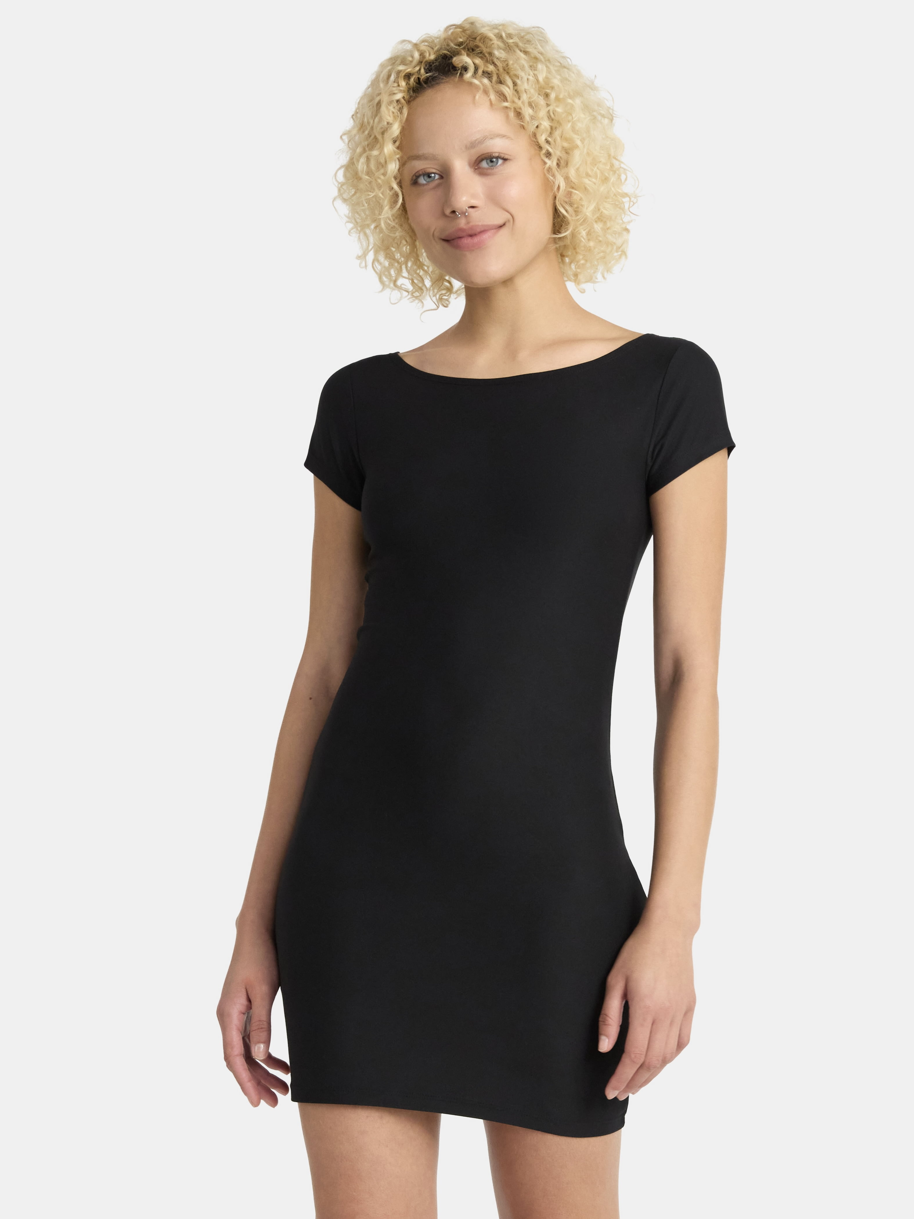 No Boundaries Scoop Mini Dress with Short Sleeves, Women’s - Walmart.com