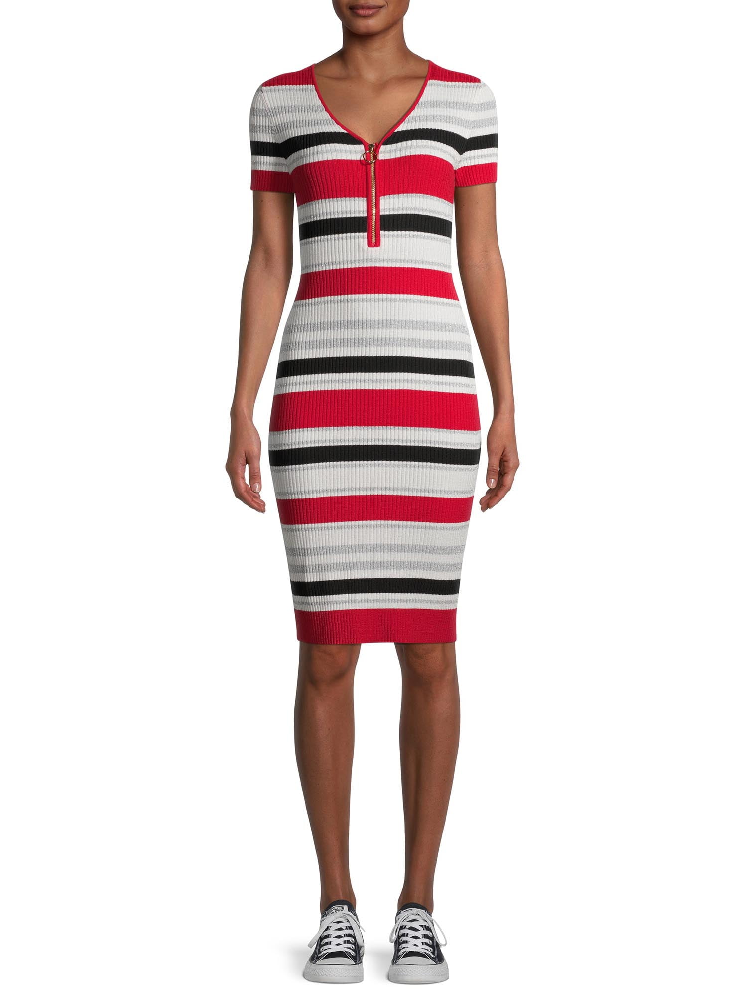 No Boundaries Short Sleeve Metallic Strip Dress - Walmart.com