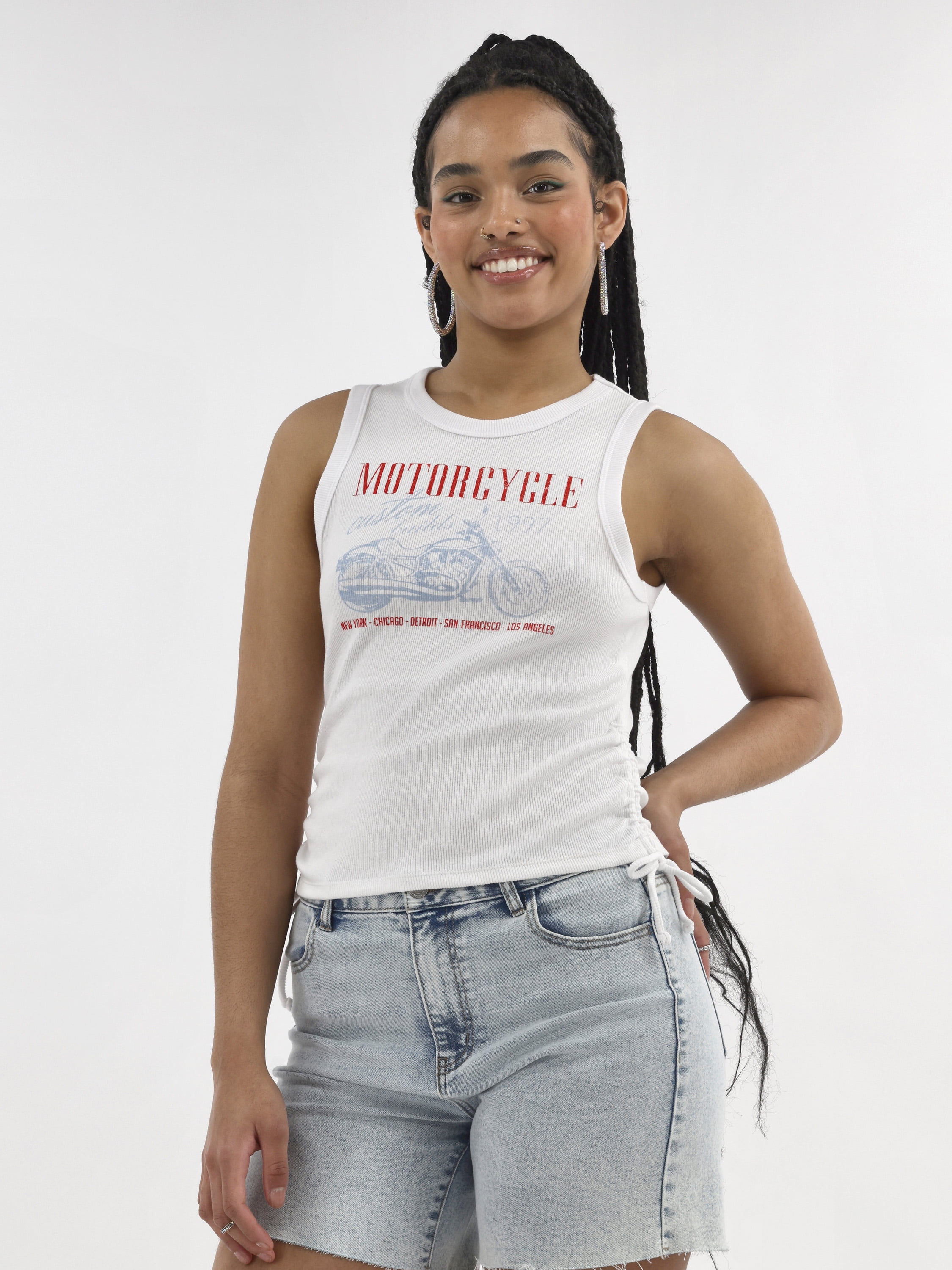 No Boundaries Women's Side Cinch Graphic Tank Top with Ties Ribbed ...