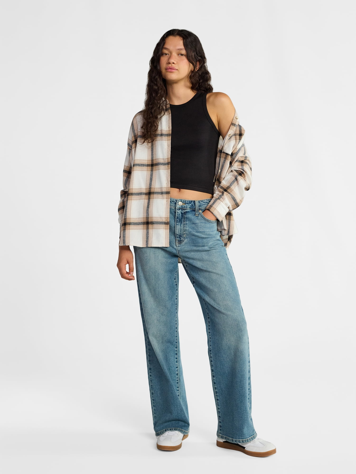 No Boundaries Slouchy Flannel Shirt with Side Pockets, Women's ...
