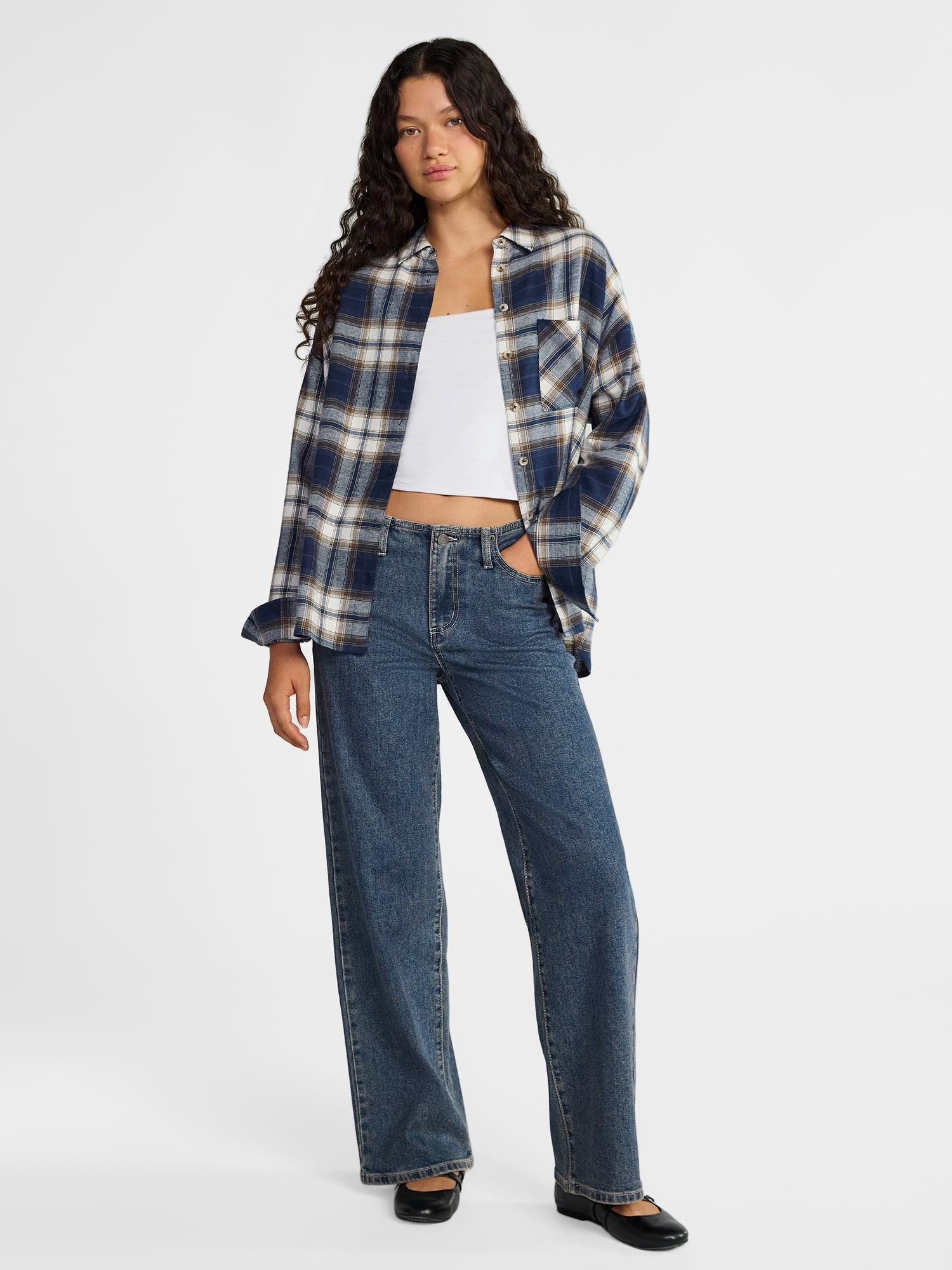 No Boundaries Slouchy Flannel Shirt with Side Pockets, Women's ...