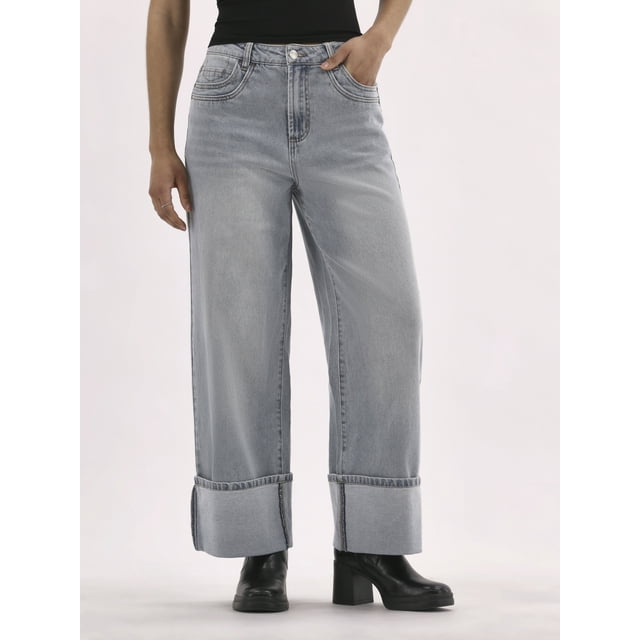 No Boundaries Slouchy High Cuff Jeans, 28'' inseam, Women's - Walmart.com