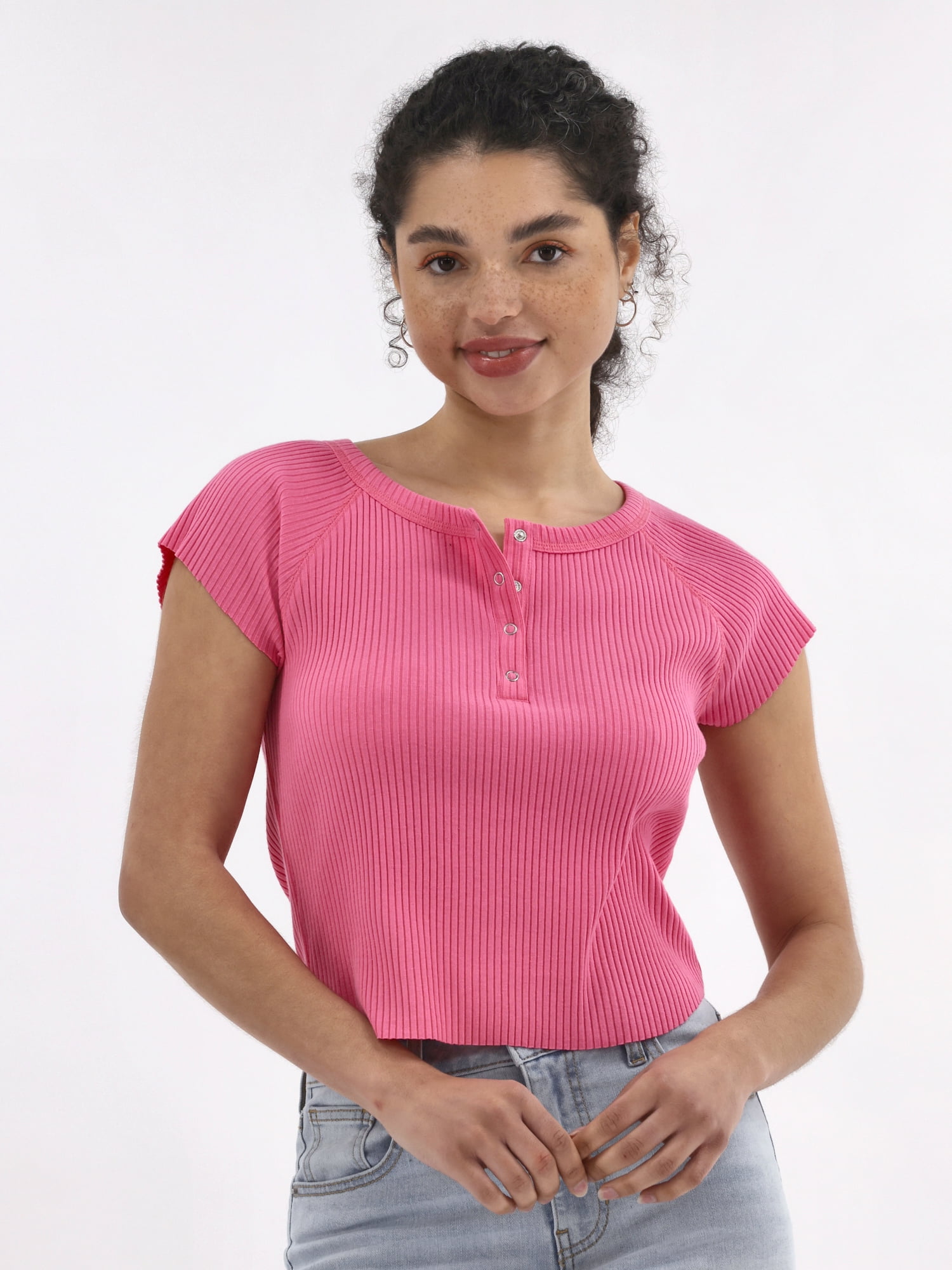 No Boundaries Snap Henley Tee with Short Sleeves, Women's - Walmart.com