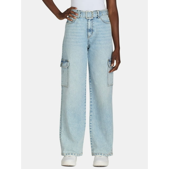 No Boundaries Straight Leg Cargo Jeans with Grommet Belt, 31” Inseam ...