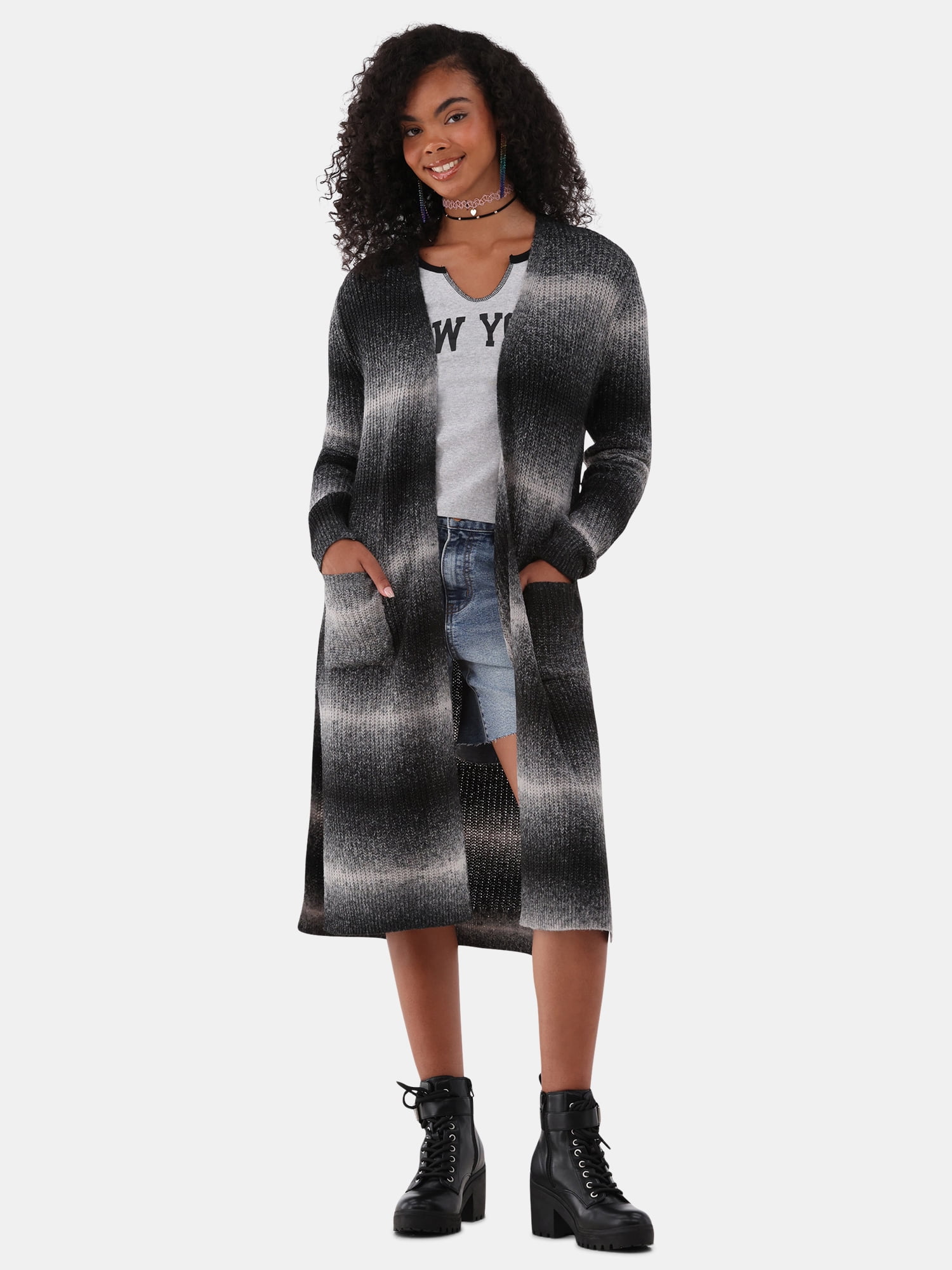 No Boundaries Striped Duster Cardigan, Women's and Women's Plus ...