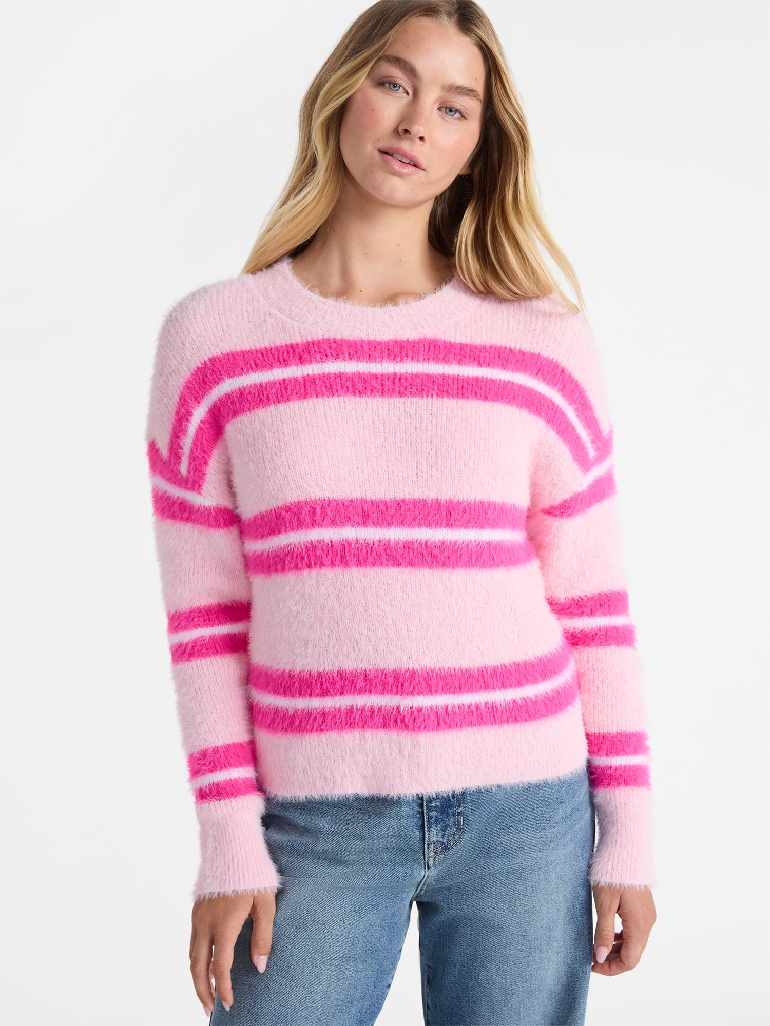 No Boundaries Striped Feather Sweater, Women's & Women's Plus - Walmart.com