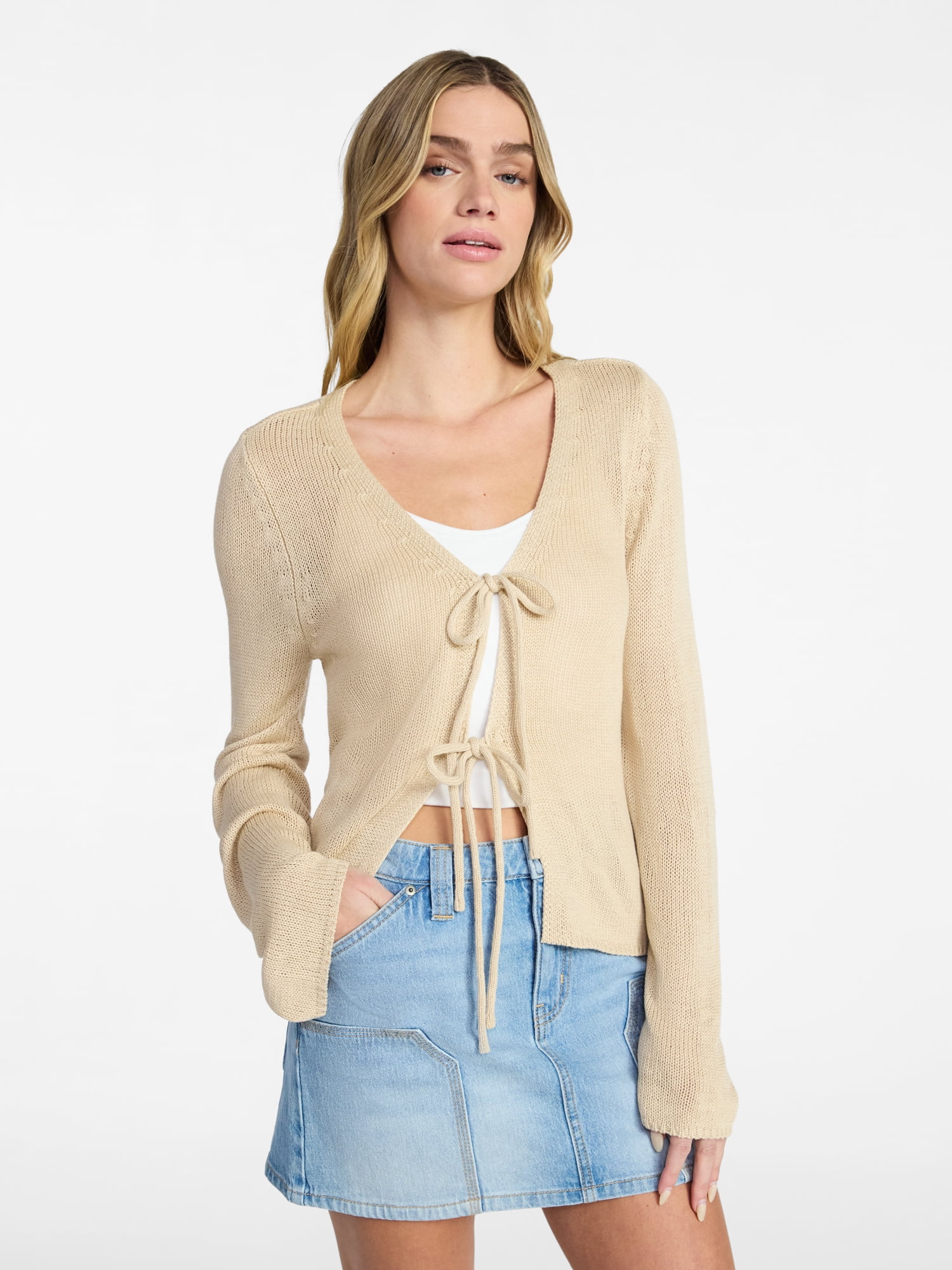 No Boundaries Tie Front V-Neck Cardigan with Bell Sleeves, Women's ...