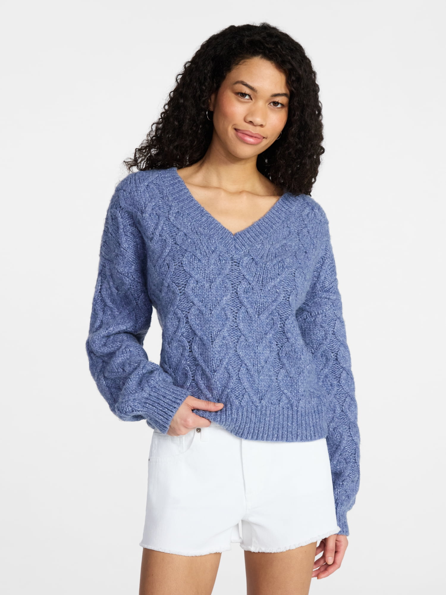 No Boundaries V-Neck Pullover Sweater, Midweight, Women's XXS-XXL ...