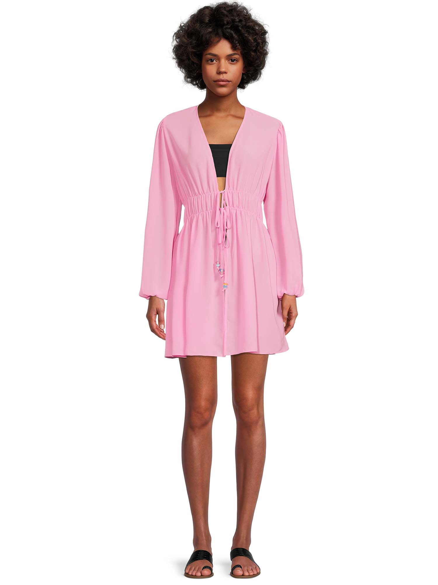 No Boundaries Women's Balloon Sleeve Tie-Front Layering Piece Petal ...