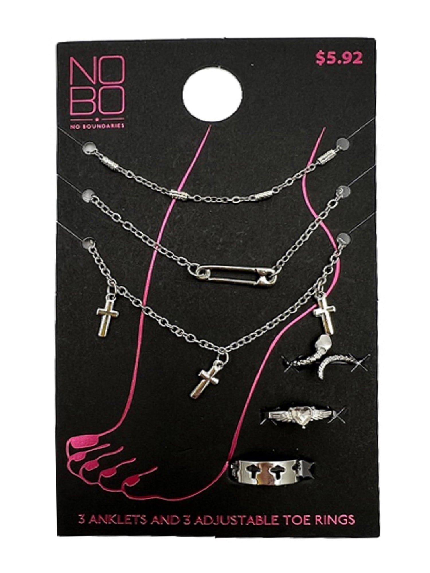No Boundaries Women's Cross Motif Silvertone Anklet and Toe Ring Set, 6 ...