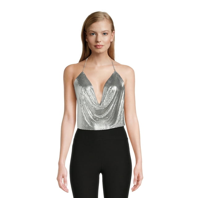 No Boundaries Women's Draped Neck Chainmail Halter Top, Silver - Walmart.com