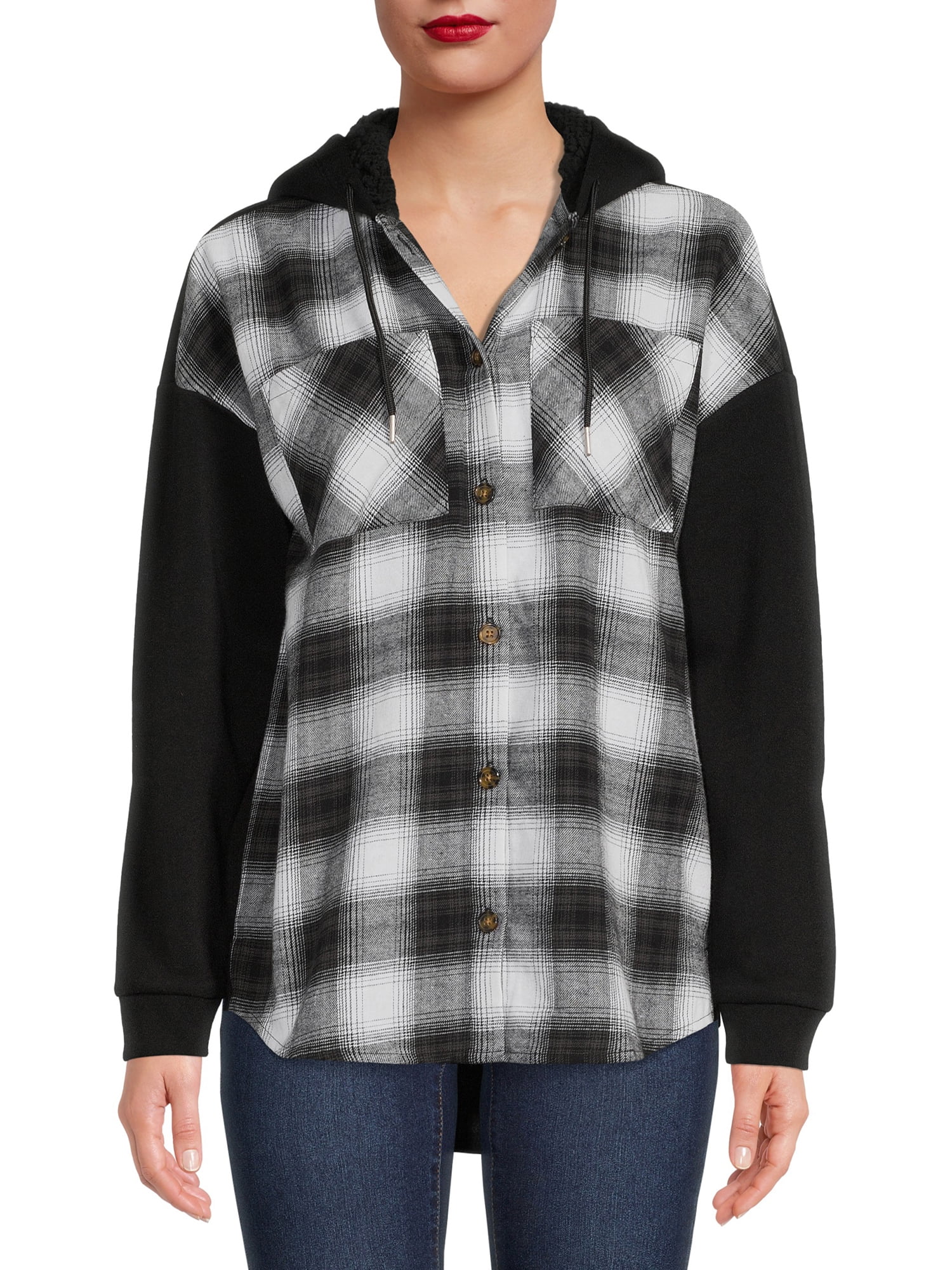 No Boundaries Women's Fleece Sleeve Hooded Flannel Shirt - Walmart.com