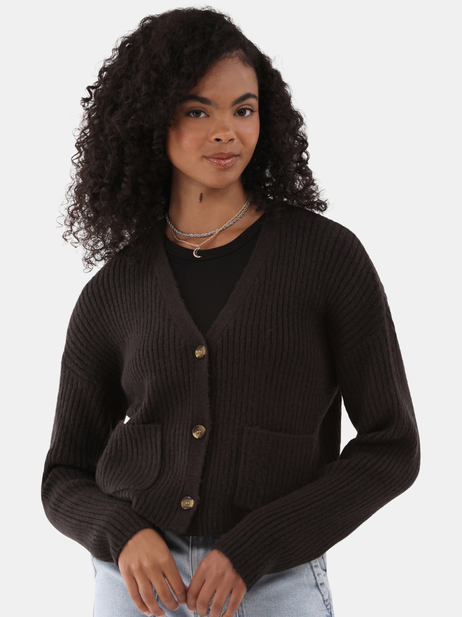 No Boundaries Button Front Ribbed Cardigan Sweater, Midweight, Women’s ...