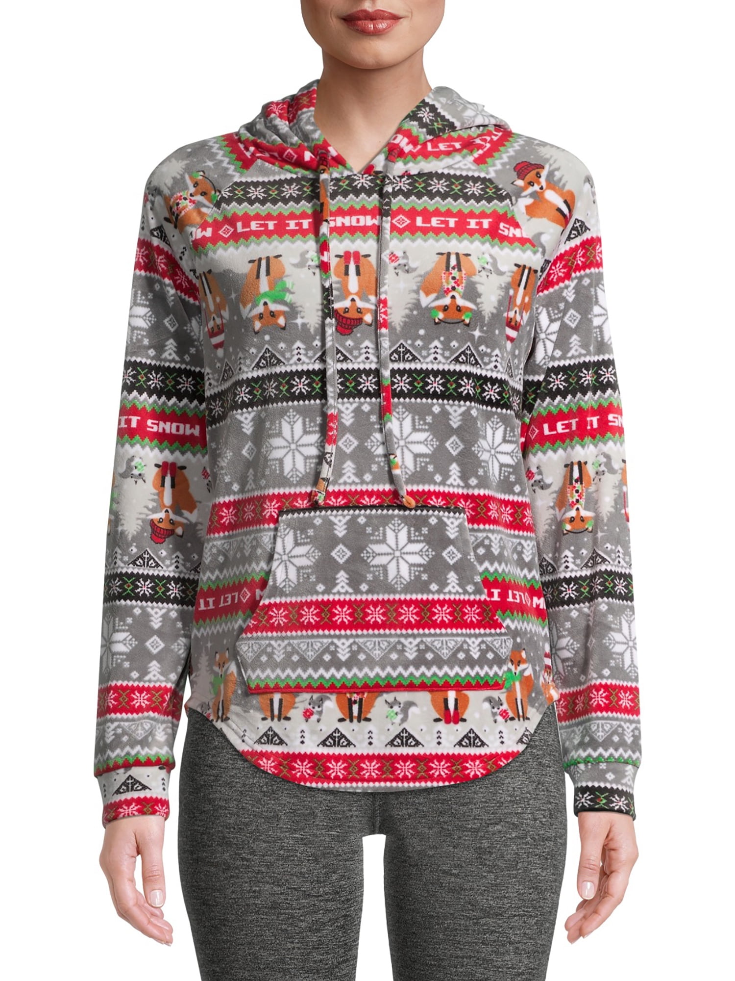 No Boundaries Juniors Holiday Fuzzy Hoodie Semi-Fitted Cozy Pouch ...