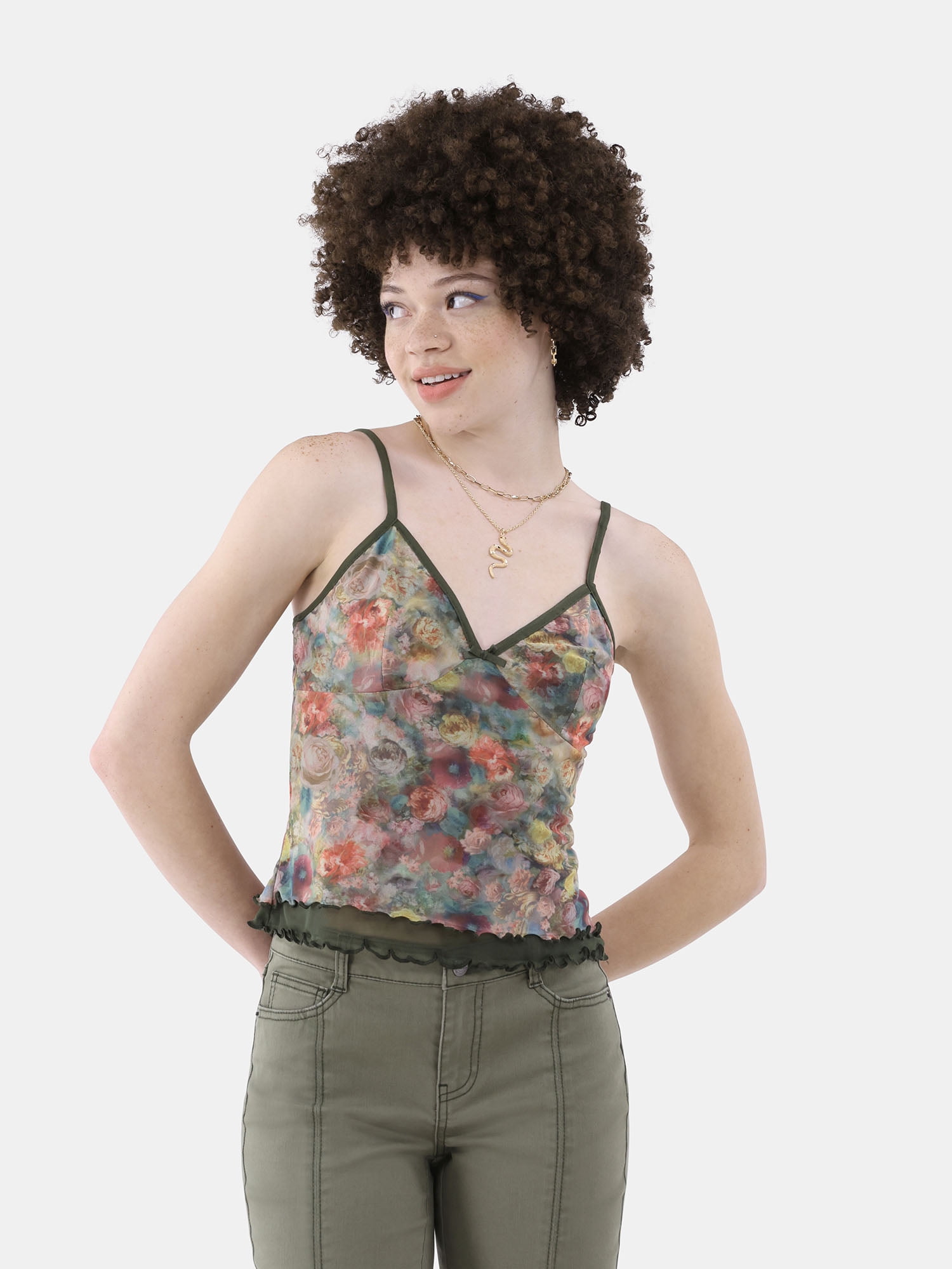 No Boundaries Printed Mesh Cami with Lettuce Edge Hem, Women’s ...