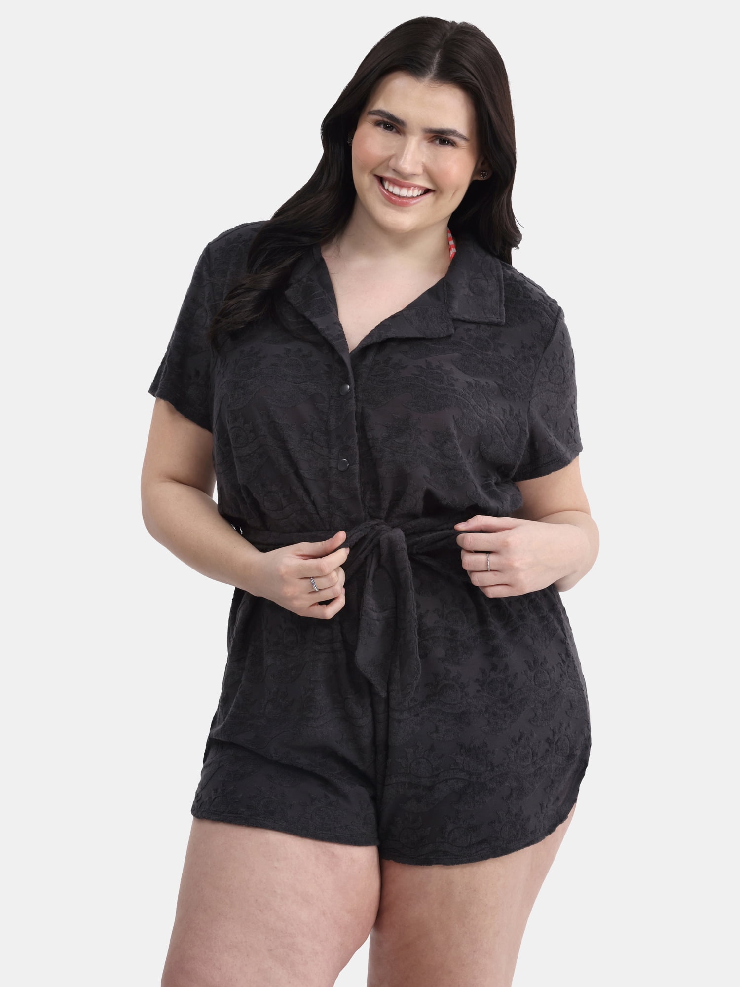 No Boundaries Women's Terry Loop Coverup Romper Short Sleeve Snap Front ...