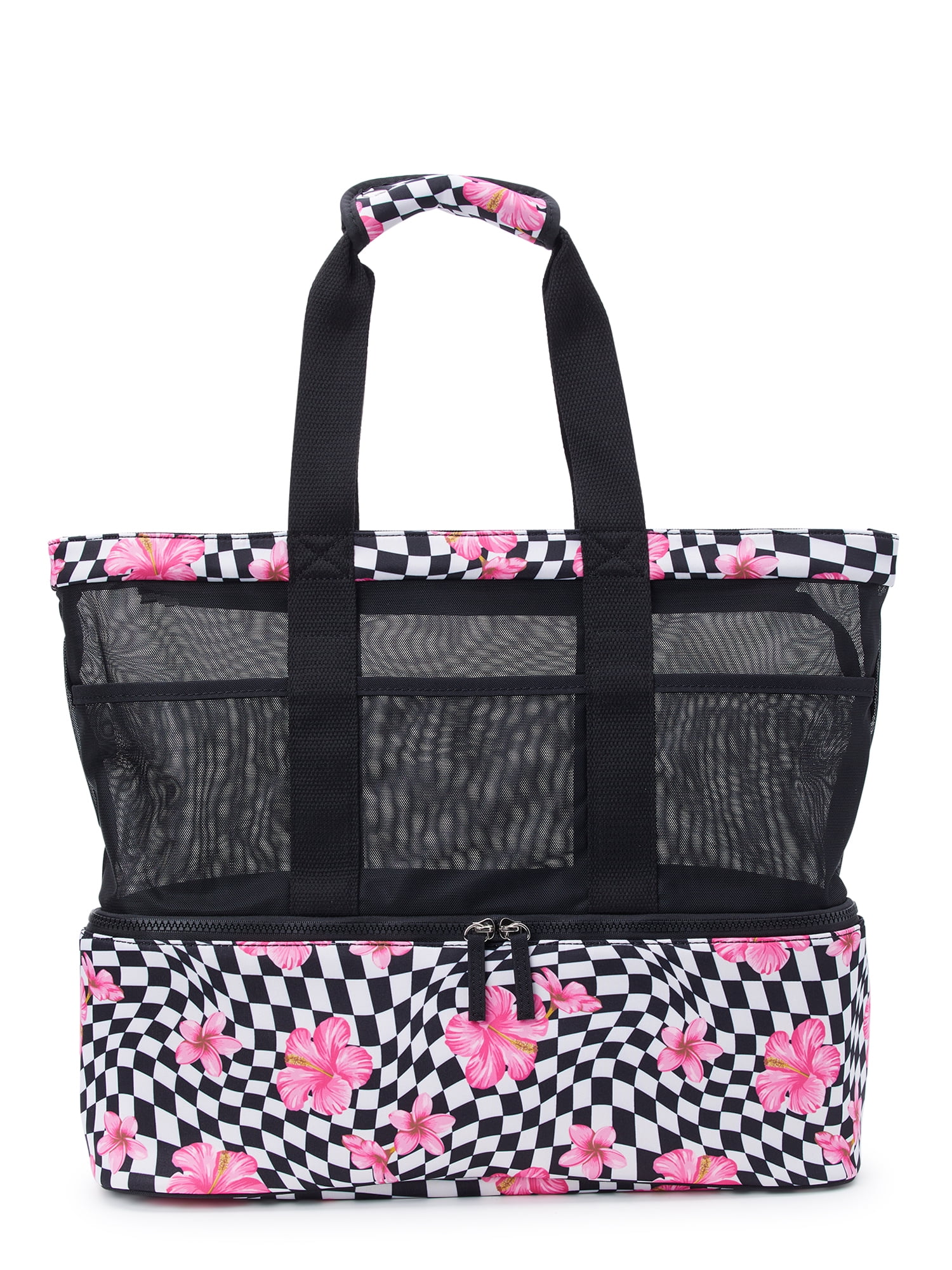 No Boundaries Women’s Zip Bottom Beach Tote Handbag, Black and Pink ...