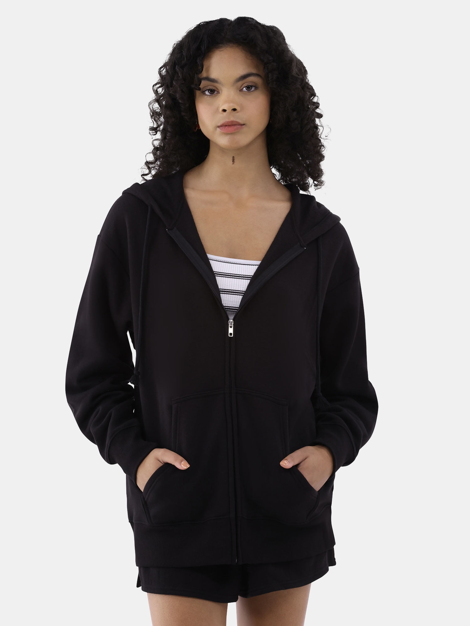 No Boundaries Zip Front Tunic Hoodie, Women's - Walmart.com