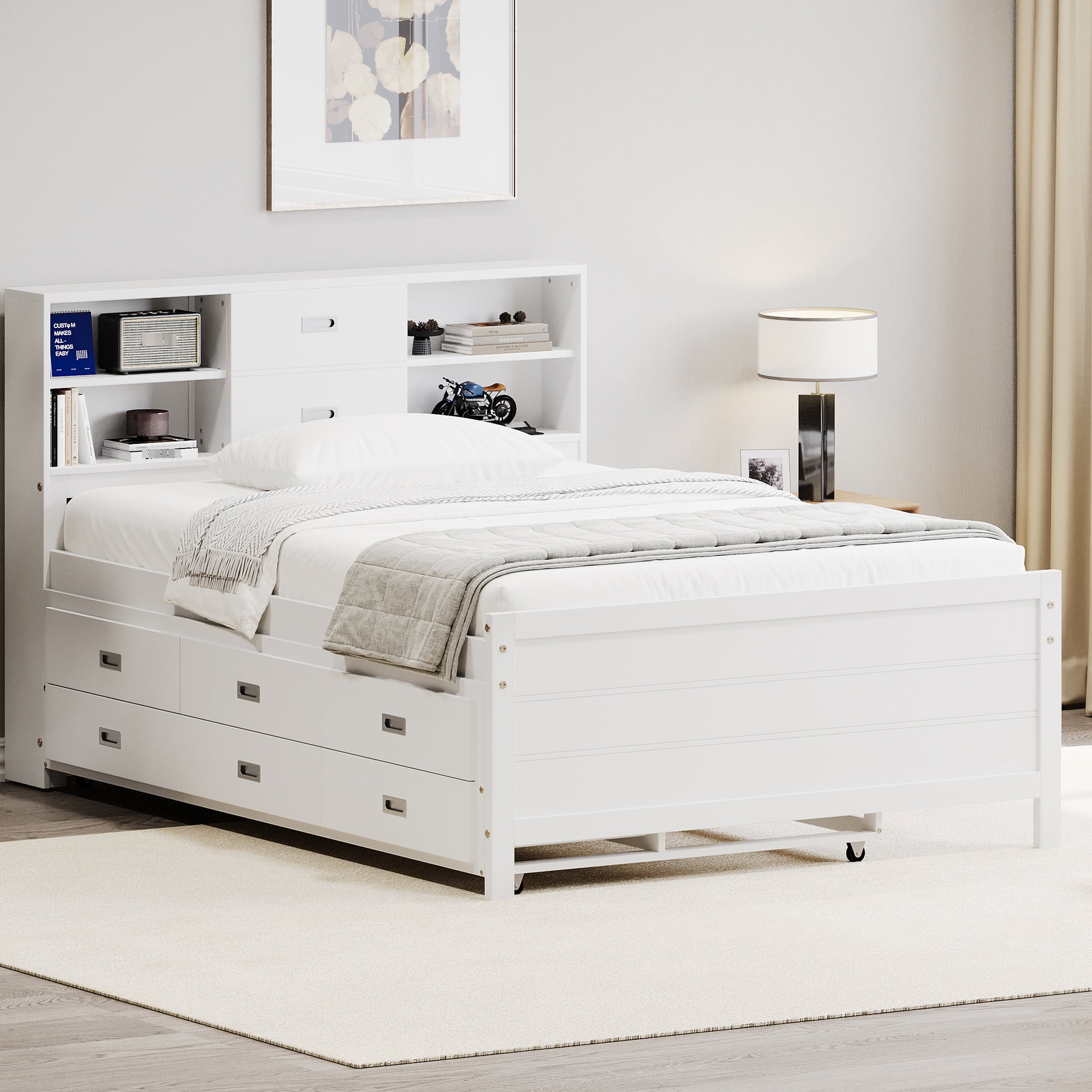 No Box Spring Needed Twin Bed, White With Trundle And 3 Shelving Unit ...
